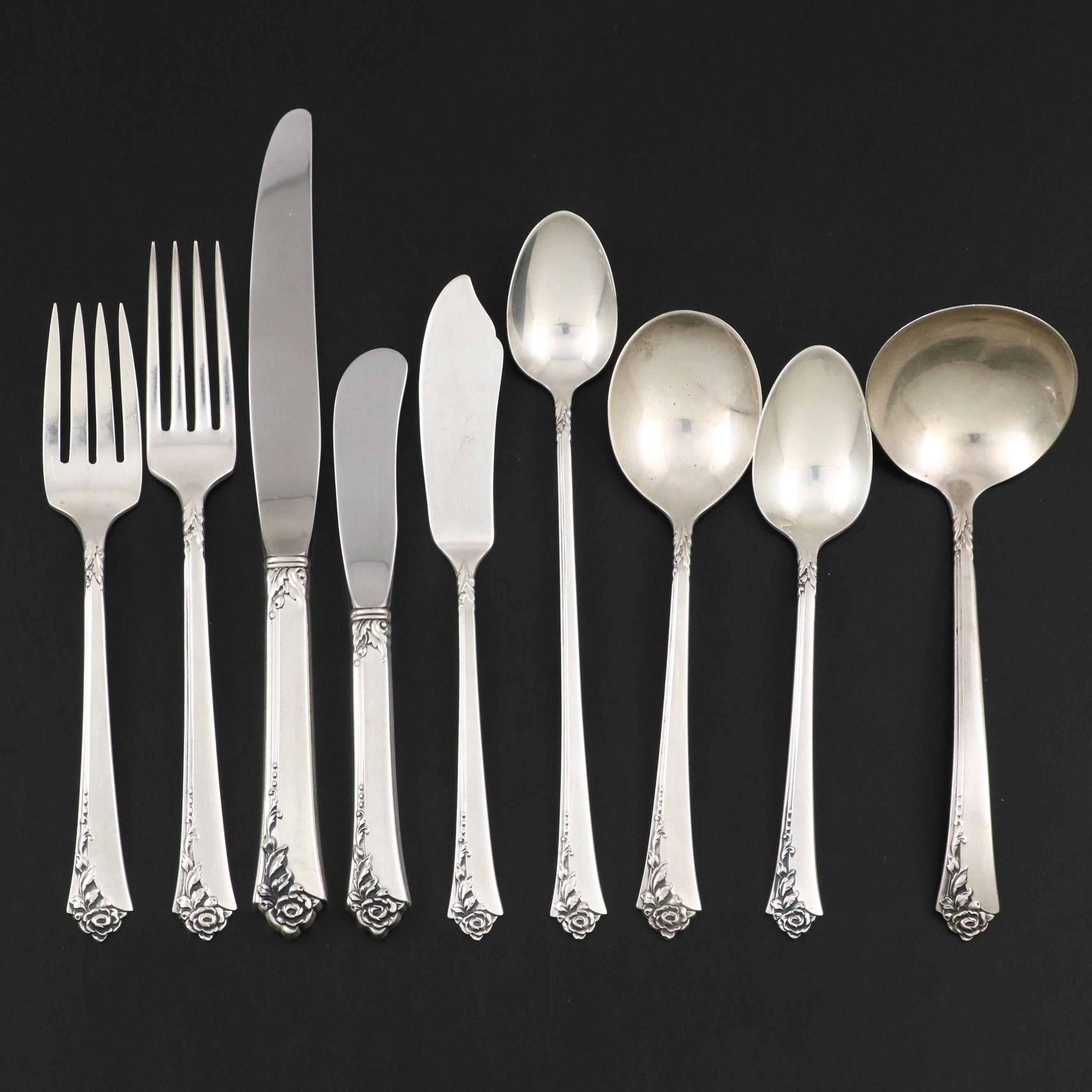 Oneida Heirloom Sterling Silver "Damask Rose" Flatware and Wooden ...