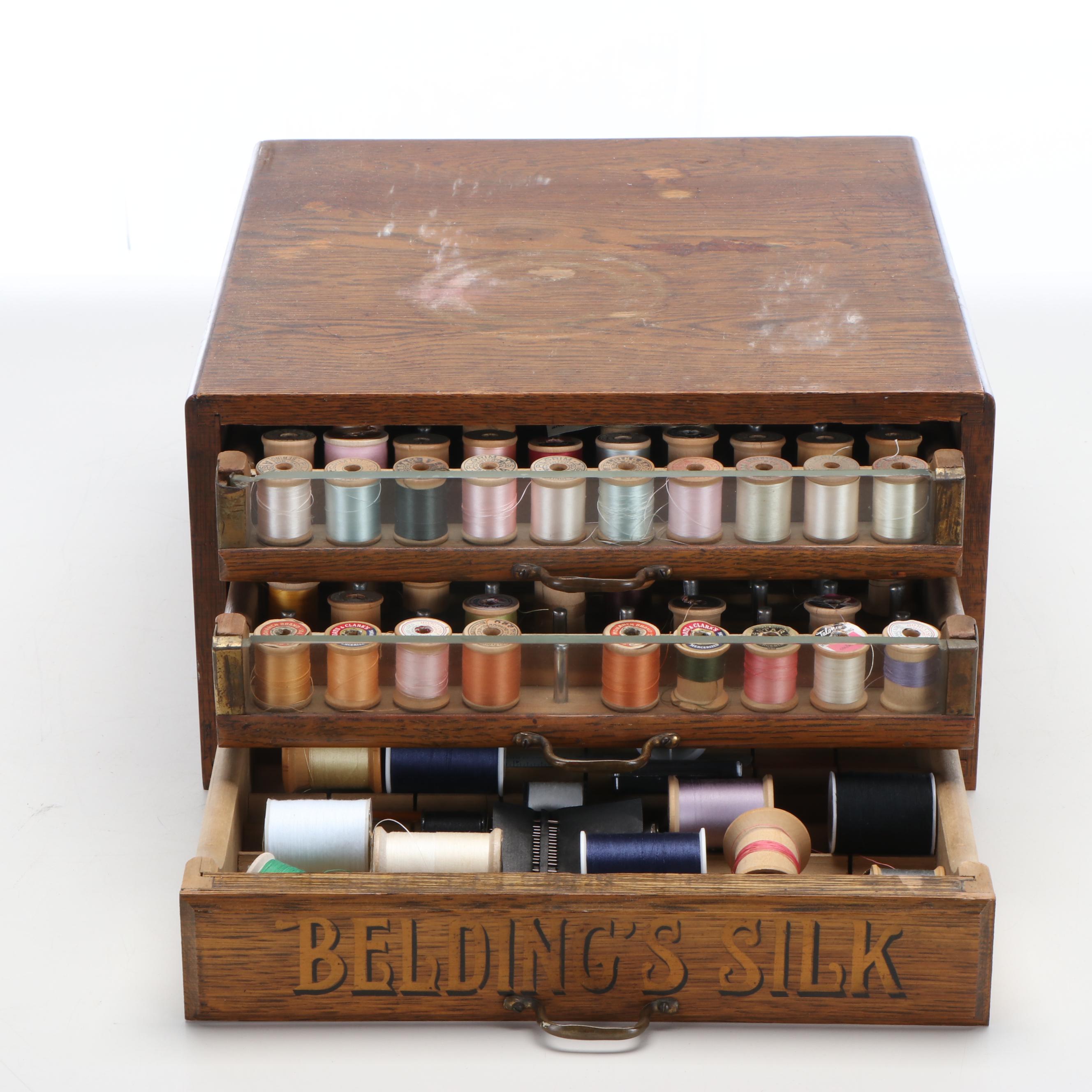 Belding Brothers Oak Spool Cabinet with Silk and Cotton Threads | EBTH