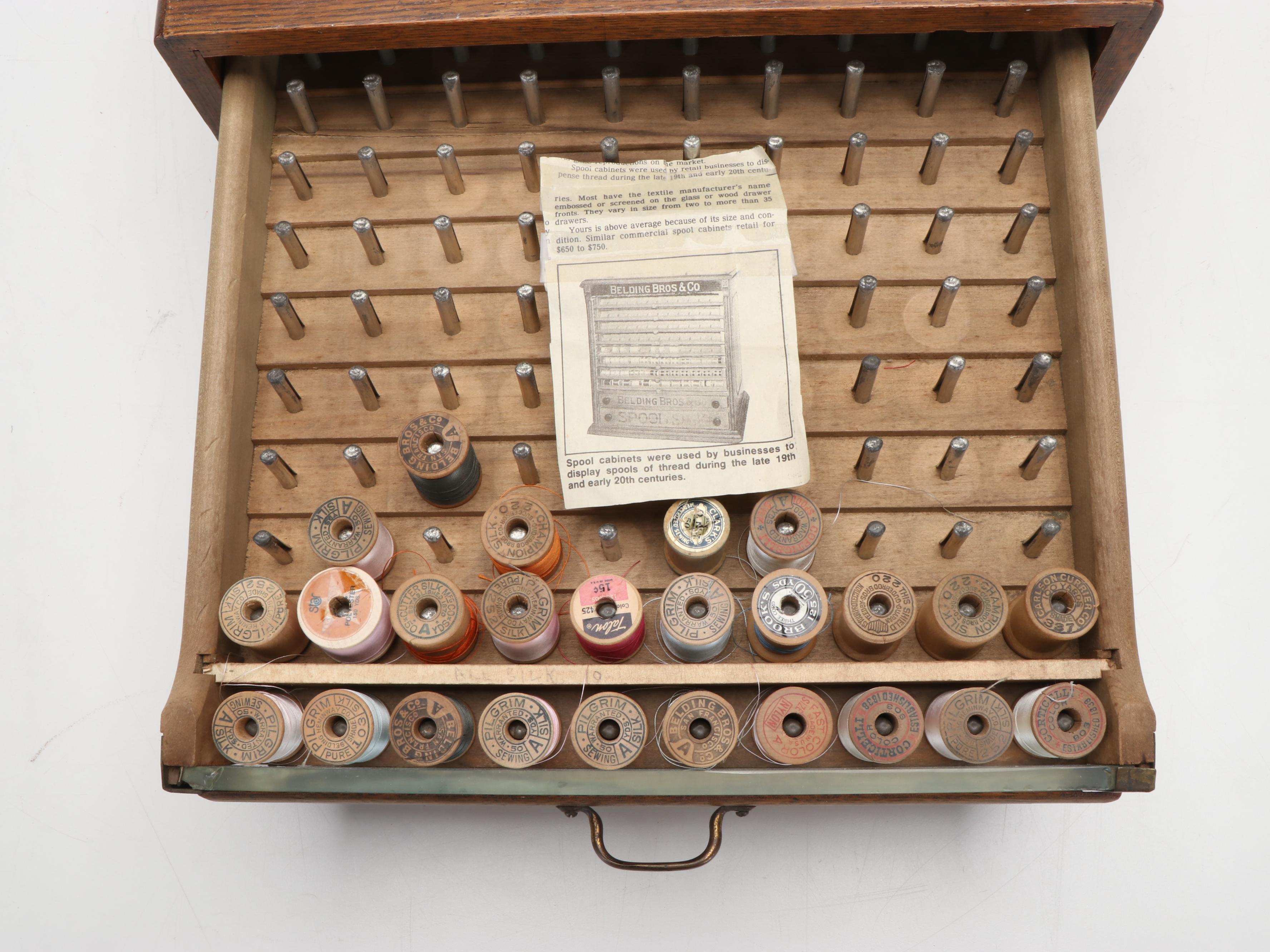 Belding Brothers Oak Spool Cabinet with Silk and Cotton Threads | EBTH