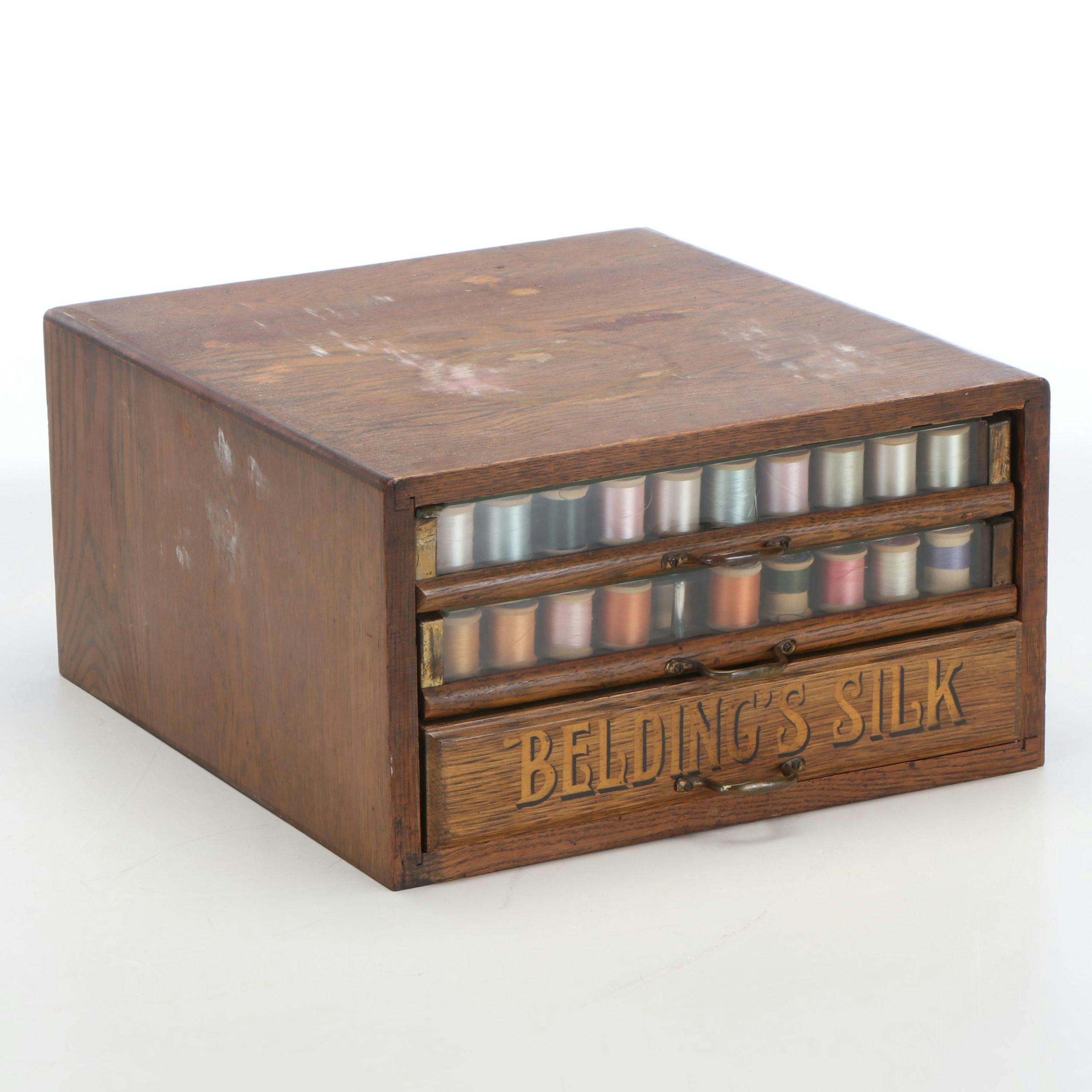 Belding Brothers Oak Spool Cabinet with Silk and Cotton Threads | EBTH
