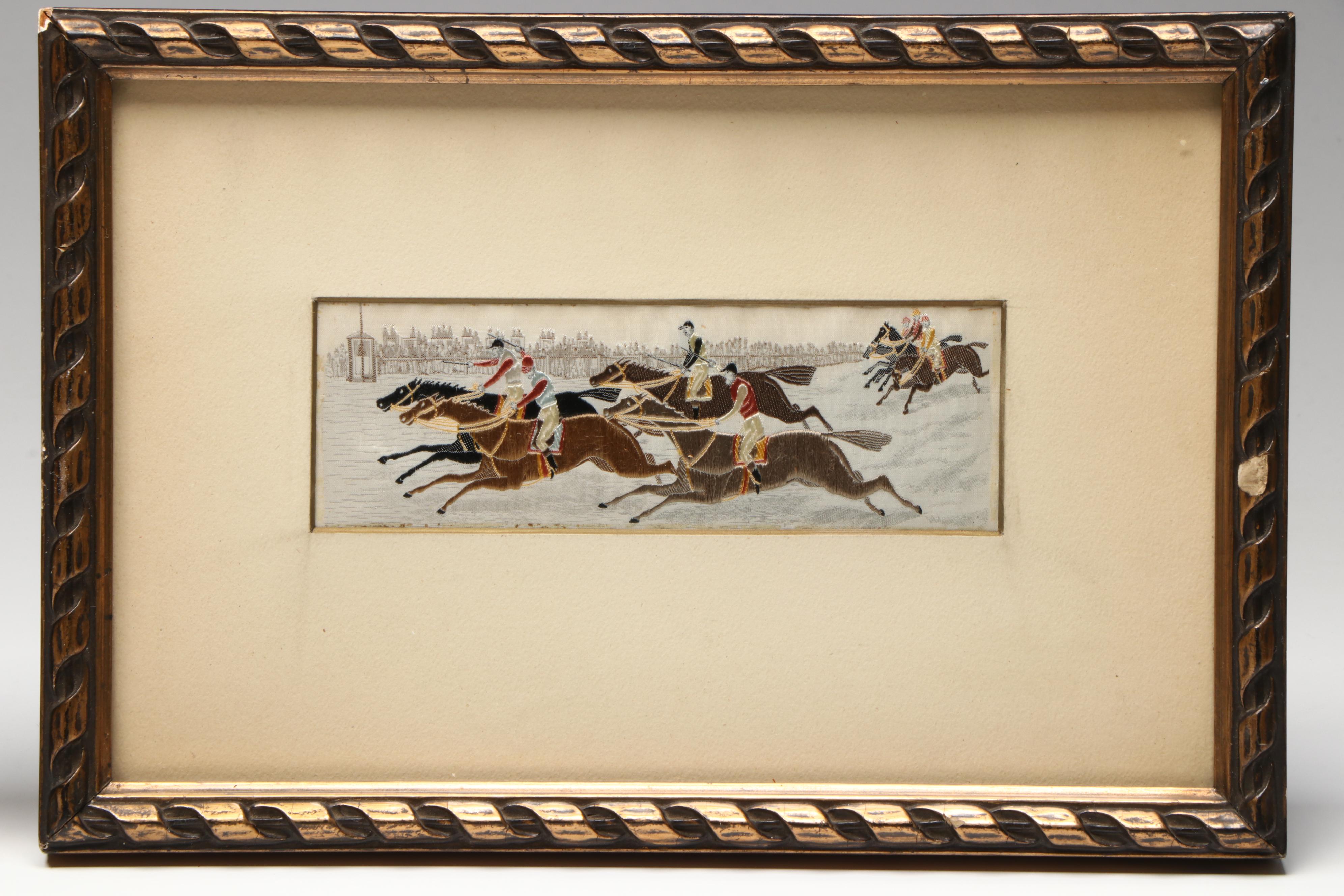 English Victorian Silk Stevengraph Regency Horse Racing Scenes | EBTH
