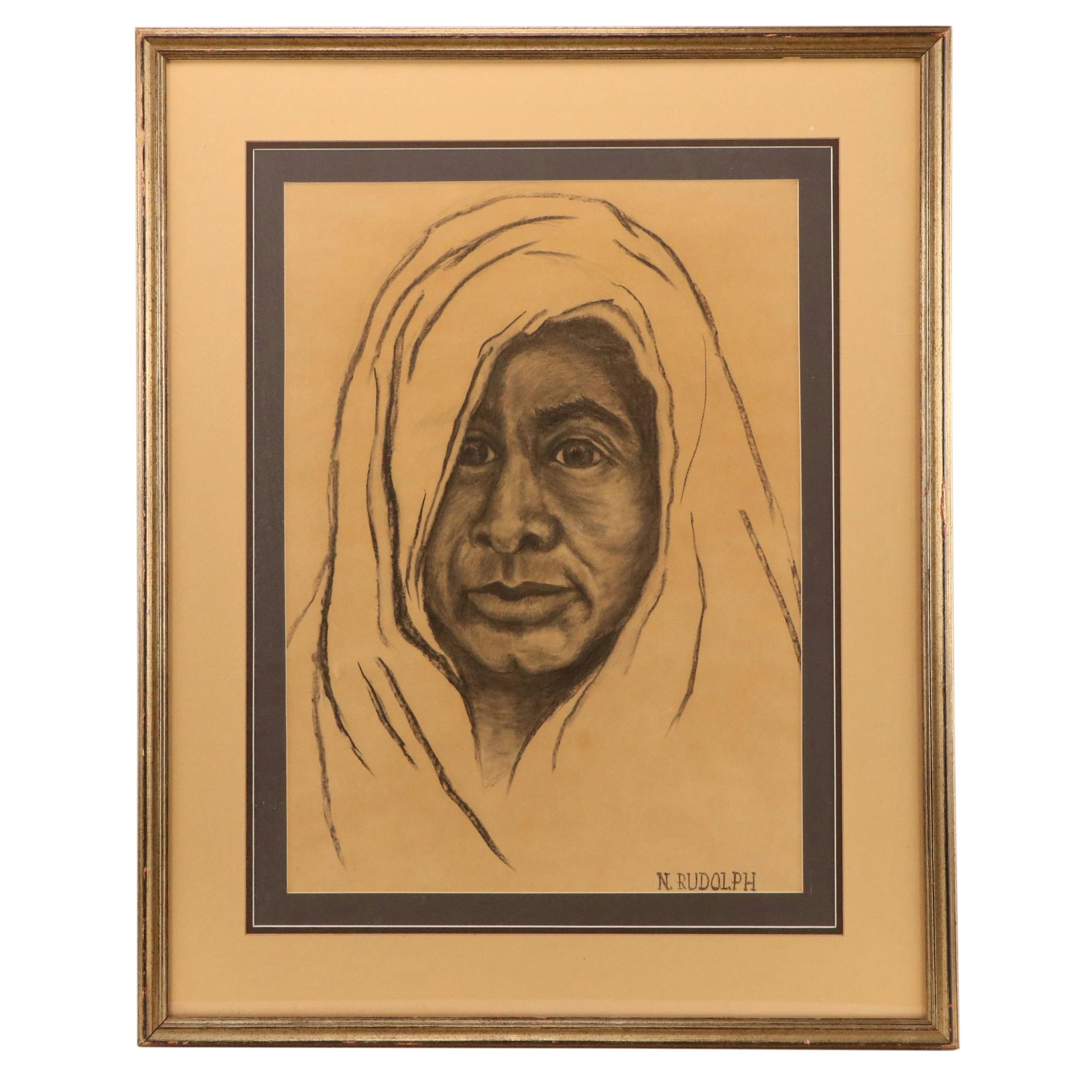 Nancy Rudolph Charcoal Portrait Drawing "Of Indian," 2007 | EBTH
