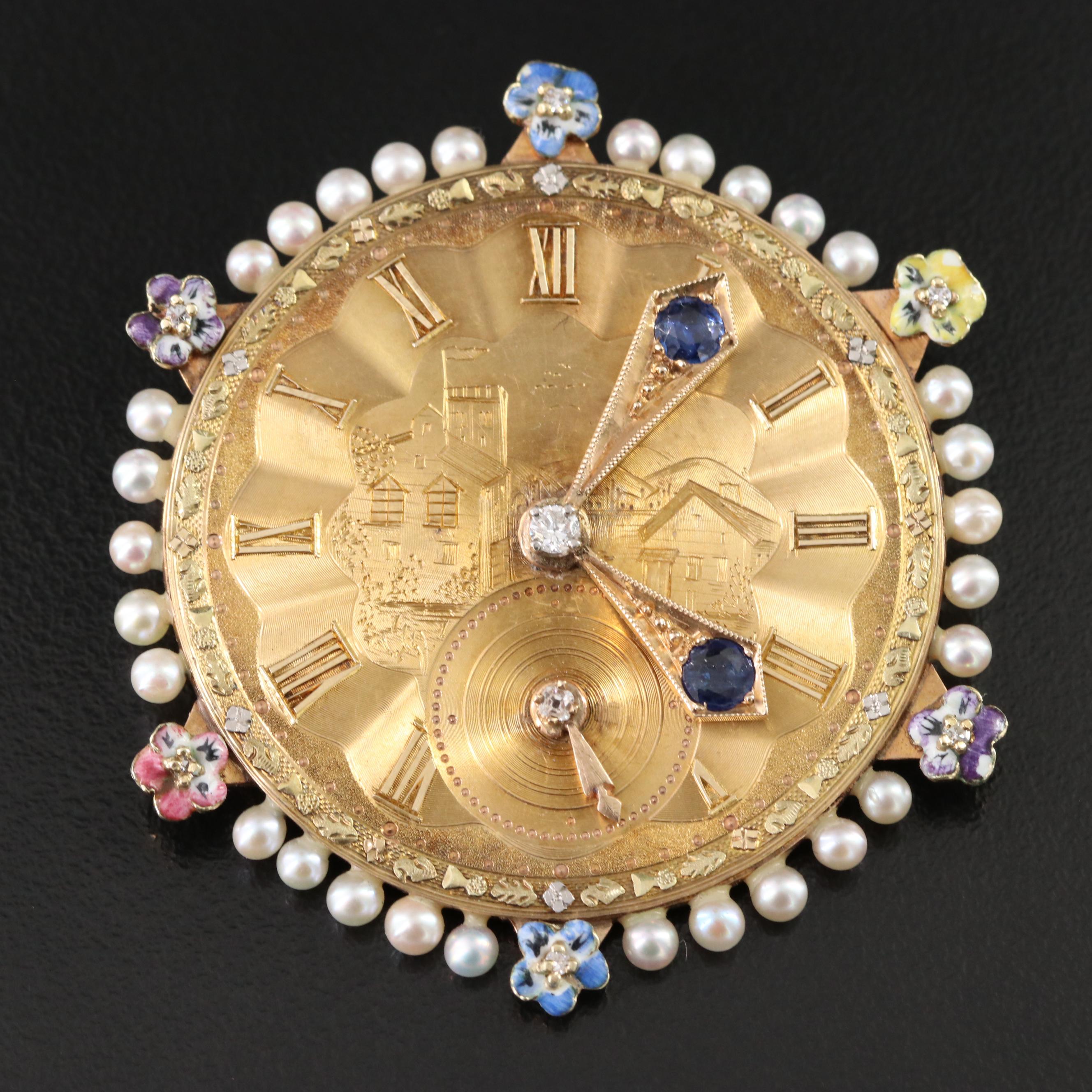 Vintage 14K Sapphire, Diamond and Pearl Articulated Clock Brooch ...