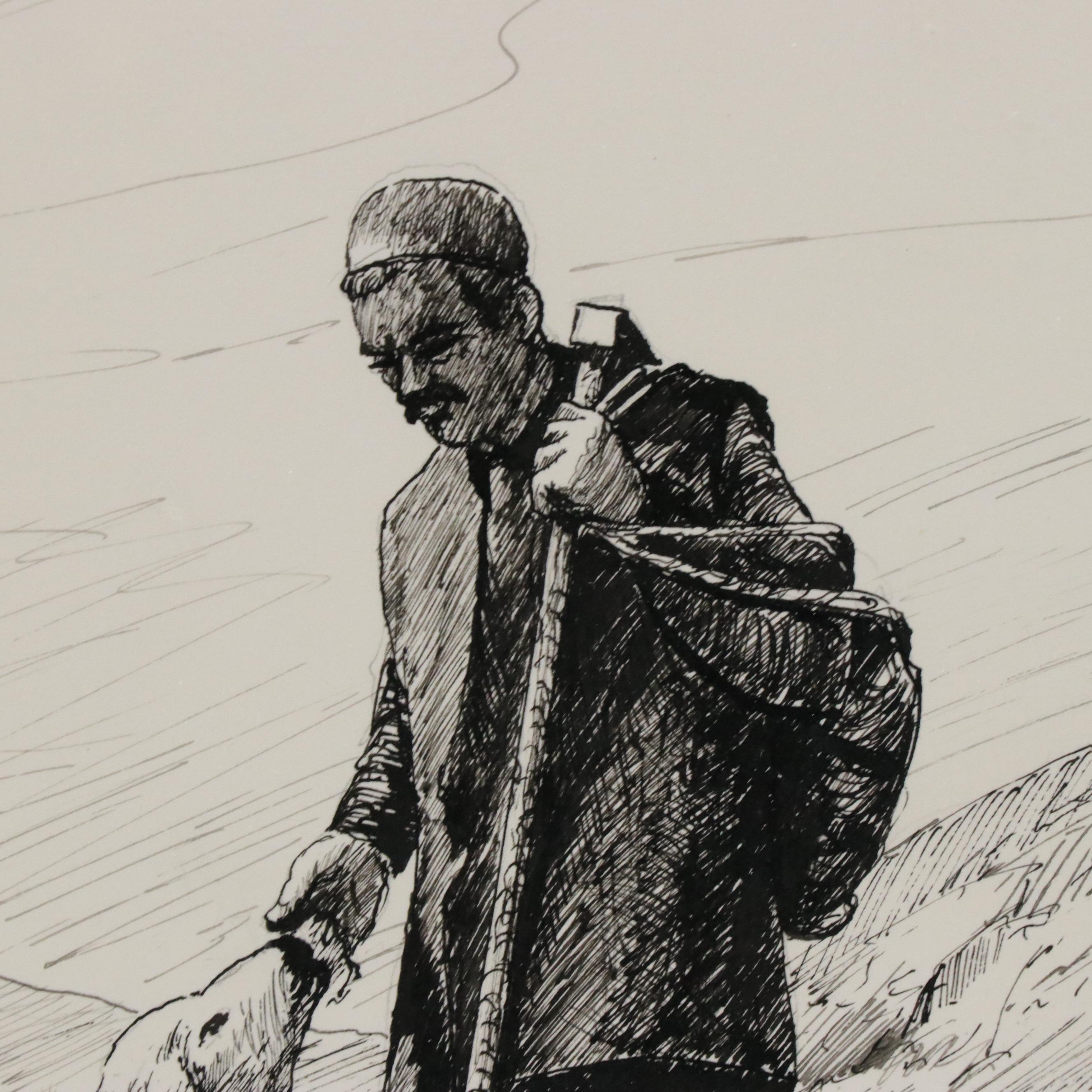 Pen and Ink Drawing of Shepherd in Arid Landscape, 1978 | EBTH