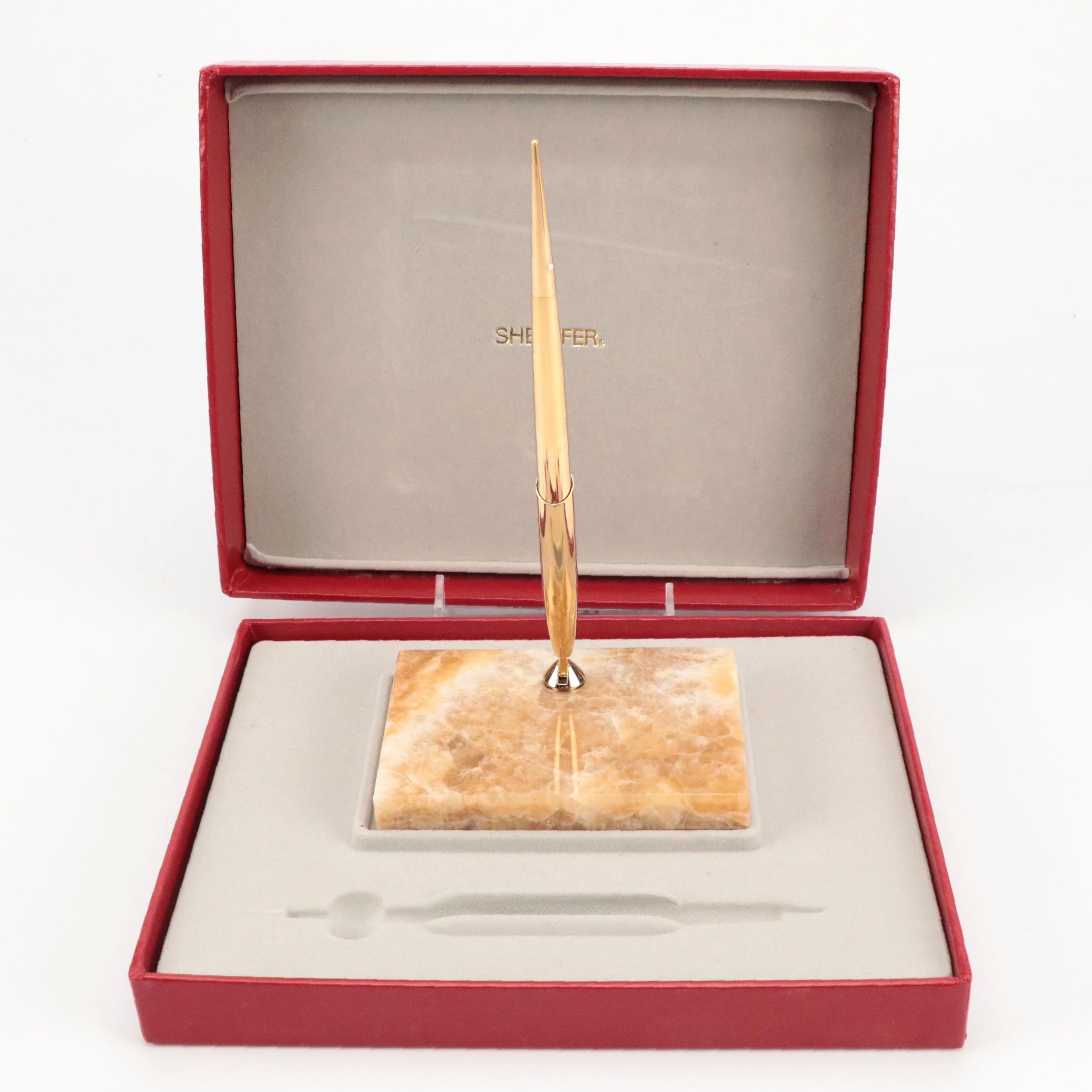 Sheaffer Calcite Marble Pen Holder with Gold Plate Ballpoint Pen | EBTH