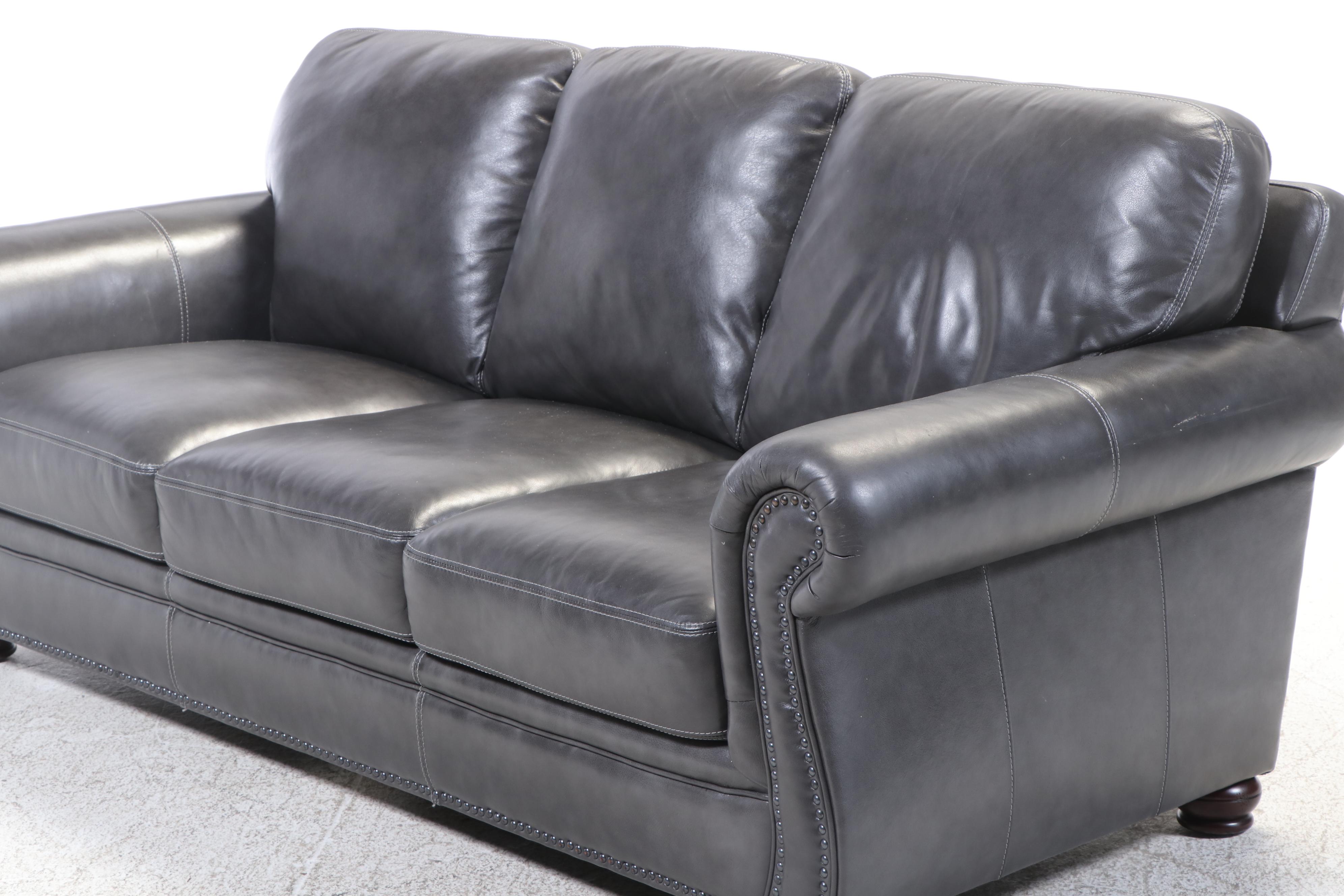 Simon Li Furniture Leather Roll-Arm Sofa in London Charcoal with ...