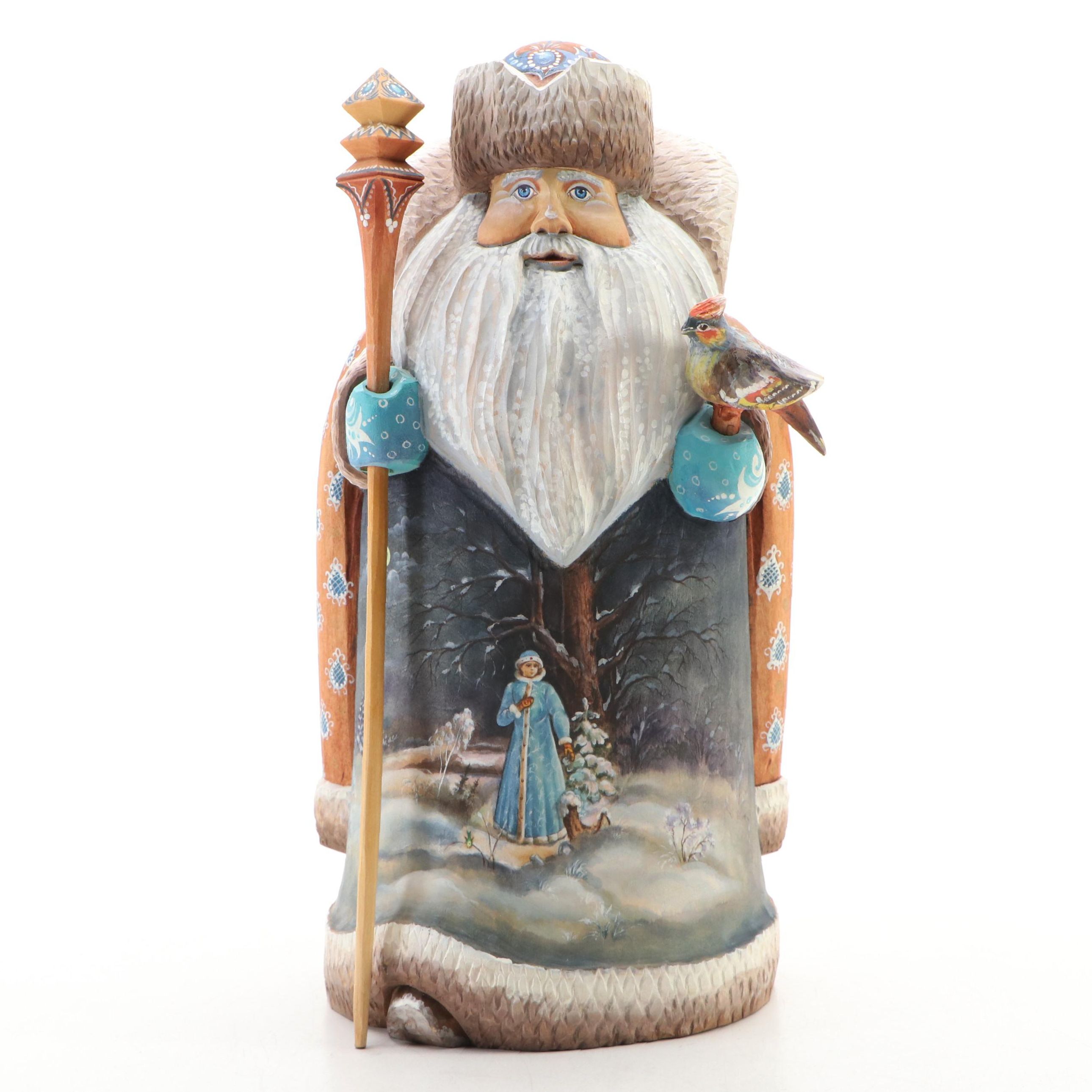 Russian Hand-Painted and Carved Wood Santa with Snow Maiden Fairy Tale ...