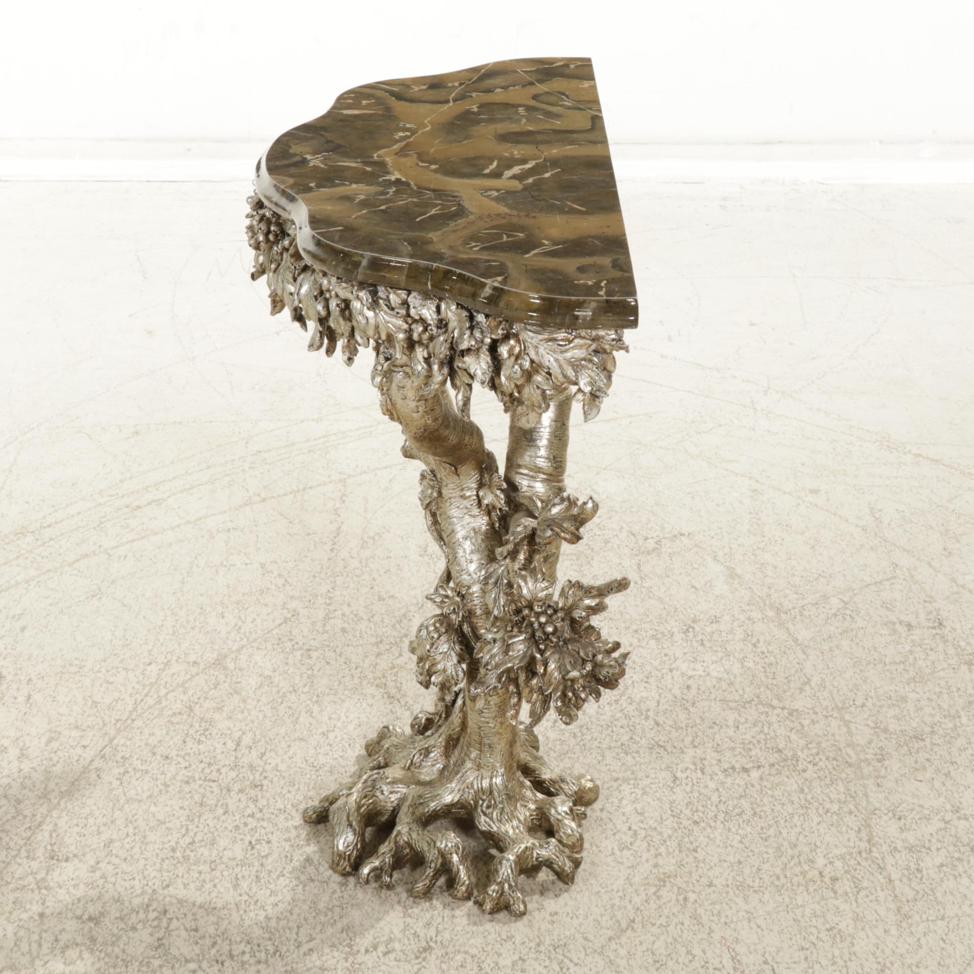 Gilded Tree Trunk Console Table with Leaf Apron Lacquered Top | EBTH