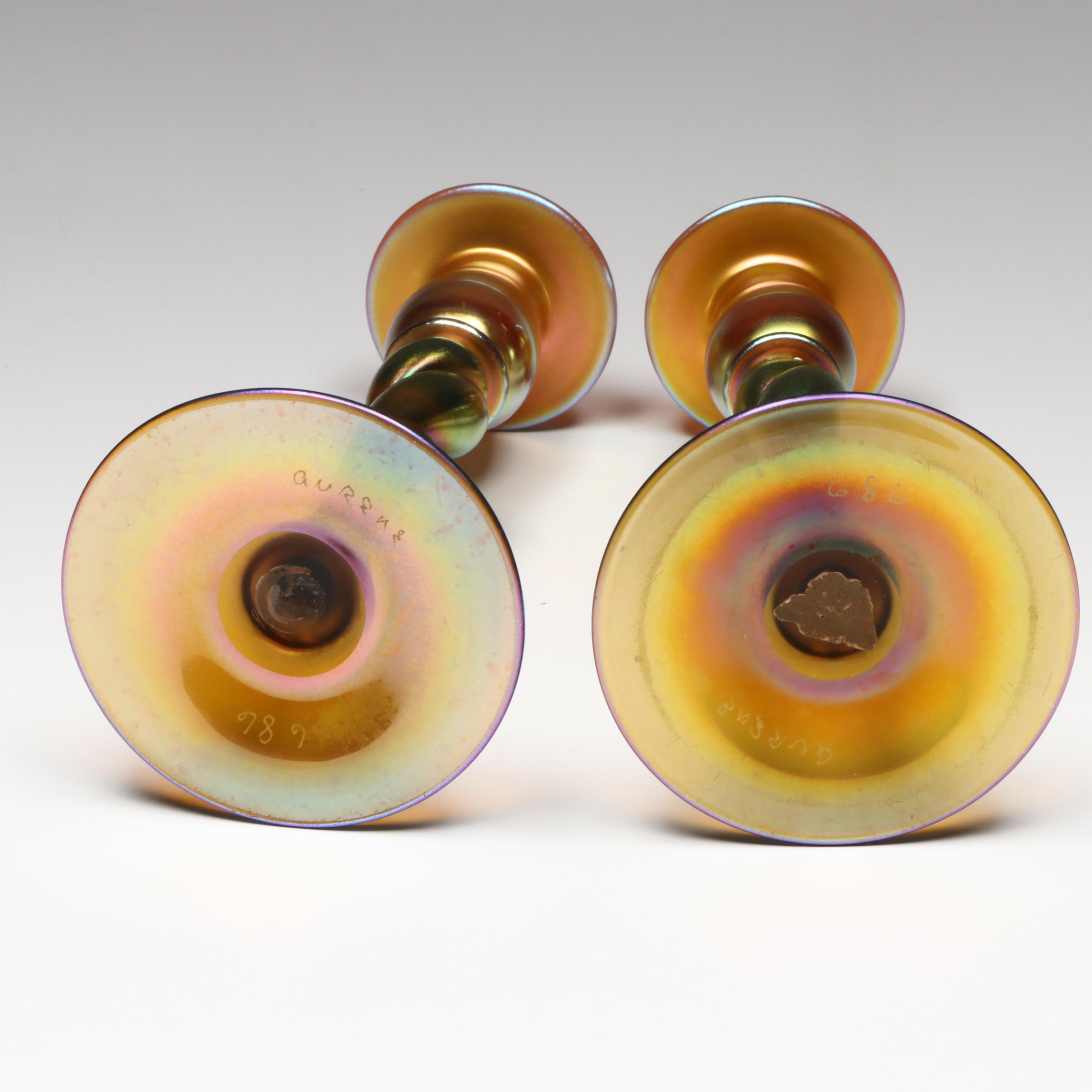 Steuben Gold Aurene Iridescent Art Glass Twist Stem Candlesticks, Early ...