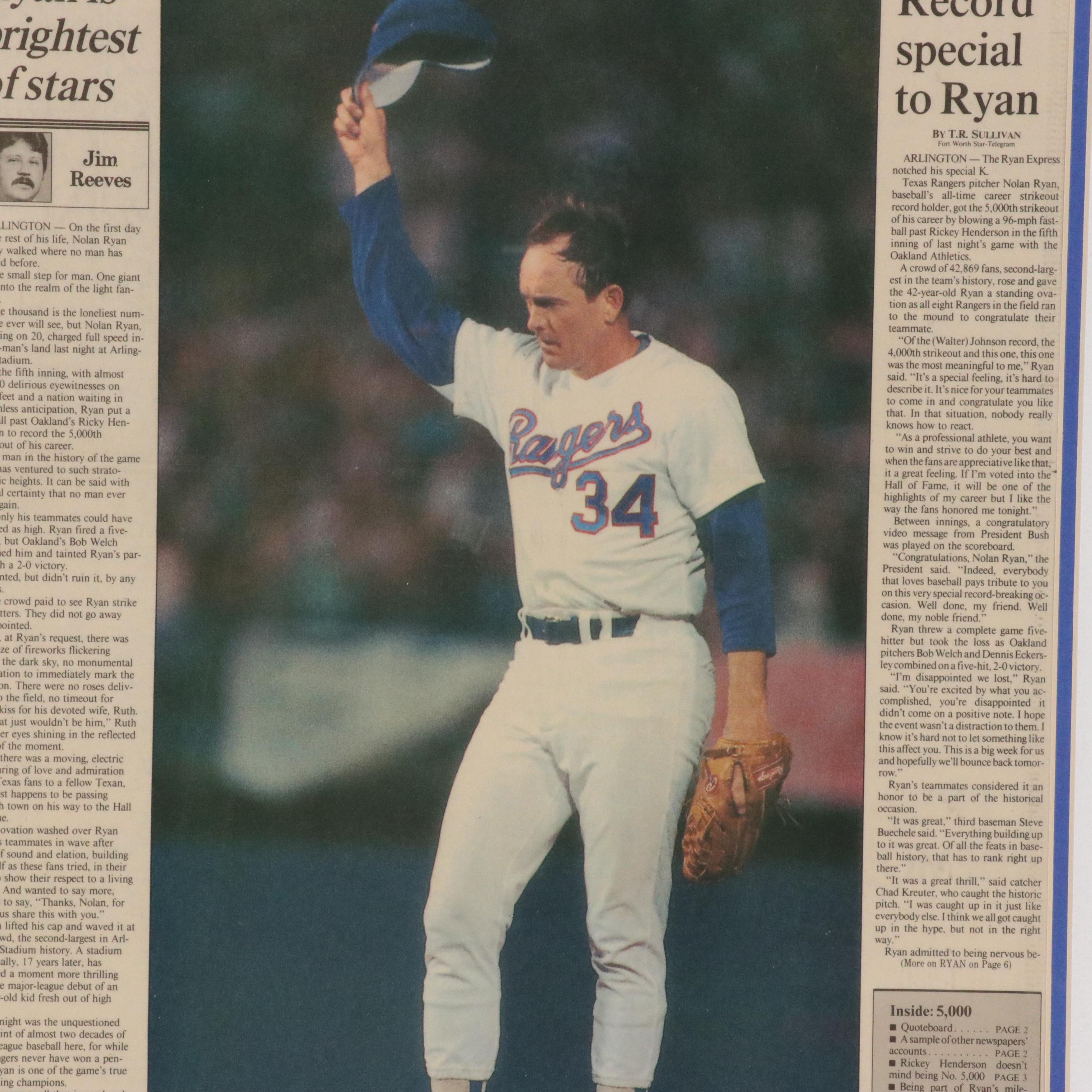 Nolan Ryan Signed 5,000 Strikeouts Newspaper Article with Matted ...
