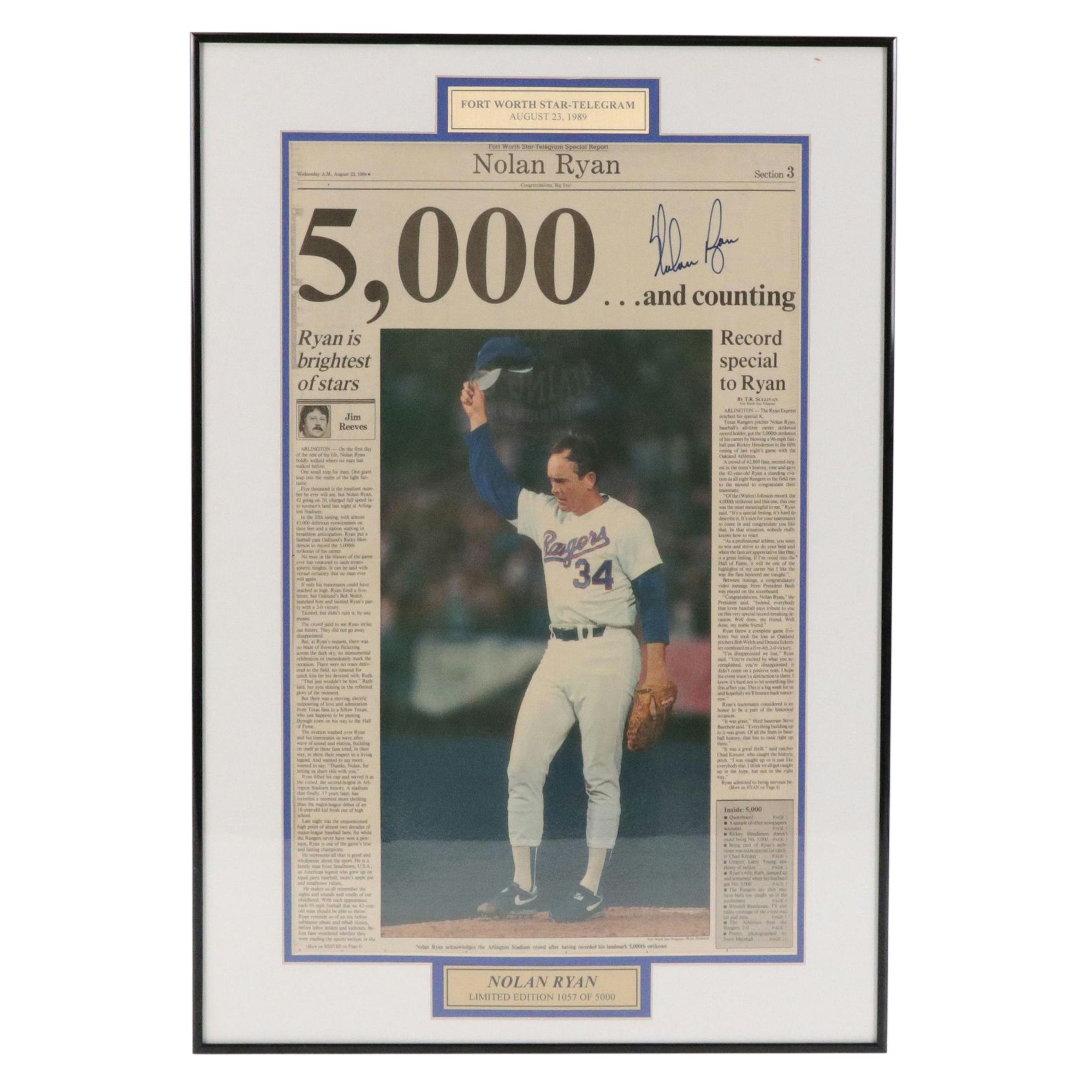 Nolan Ryan Signed 5,000 Strikeouts Newspaper Article with Matted ...