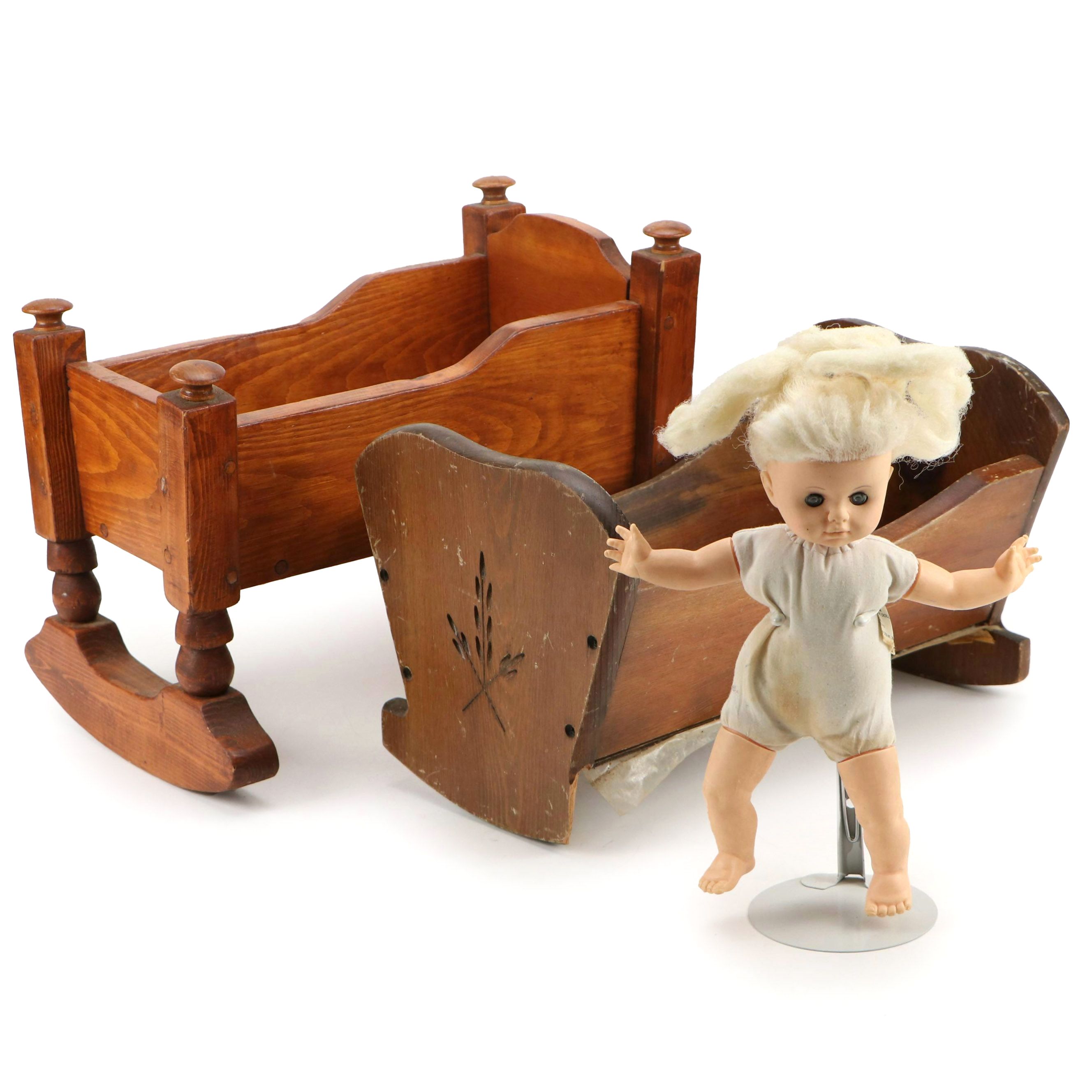 Doll's Oak and Pine Rocking Crib with Other Carved Wood Rocking Crib ...