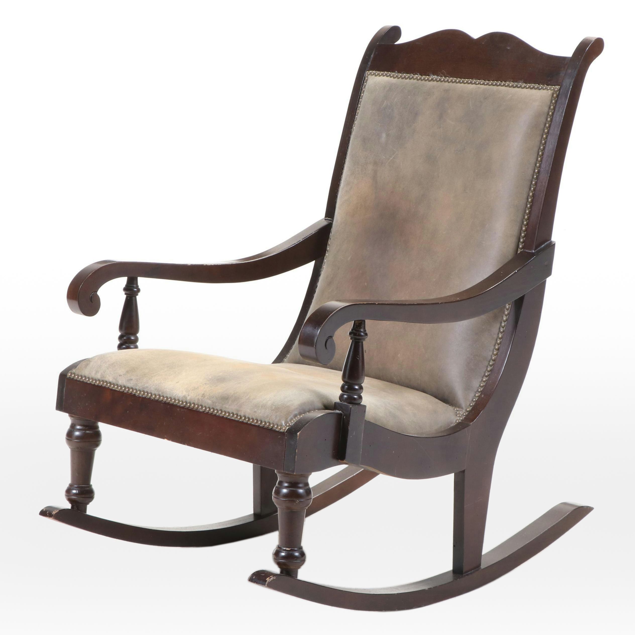 Colonial Style Hardwood, Leather, and Caned Rocker | EBTH