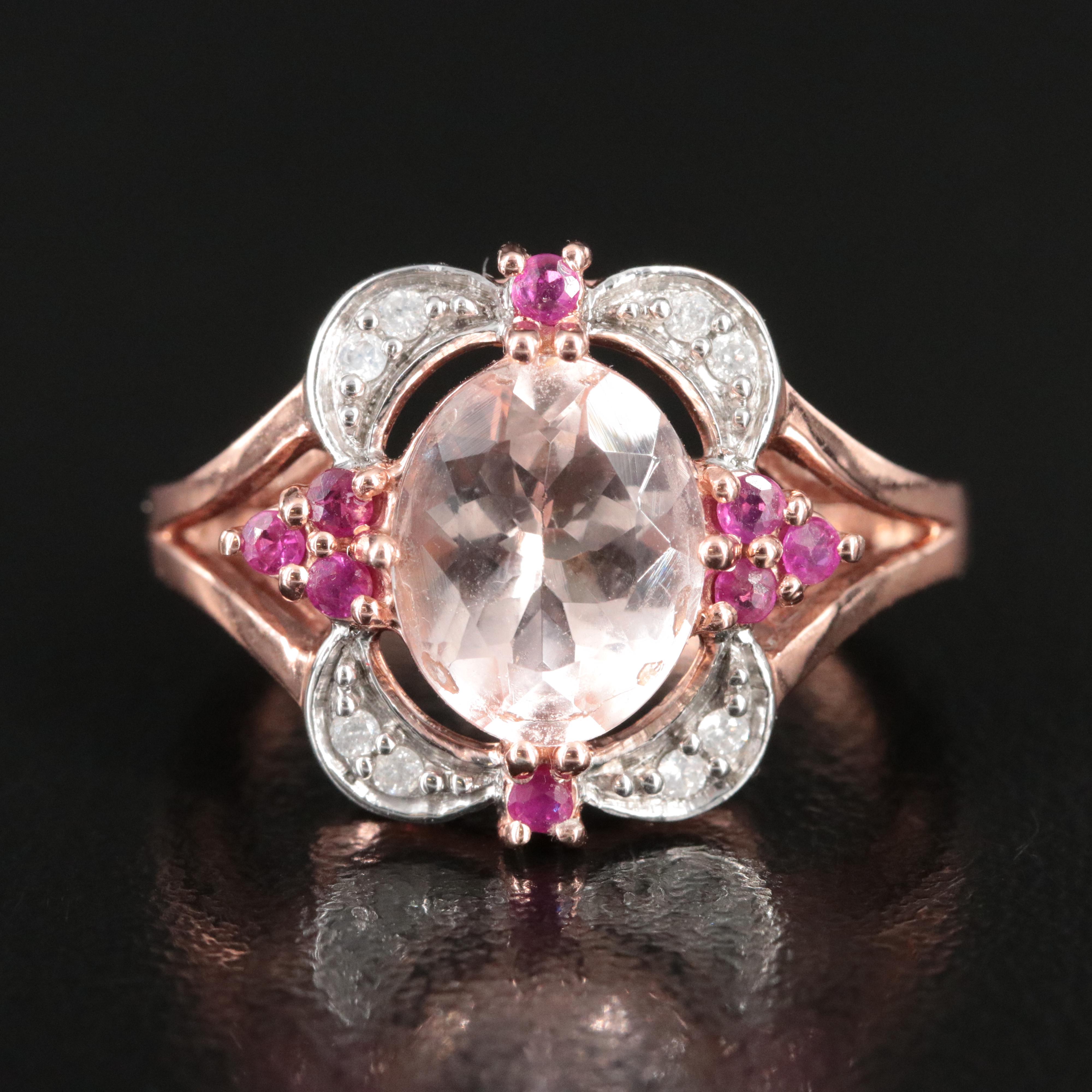 Sterling Morganite, Ruby and Diamond Ring | EBTH