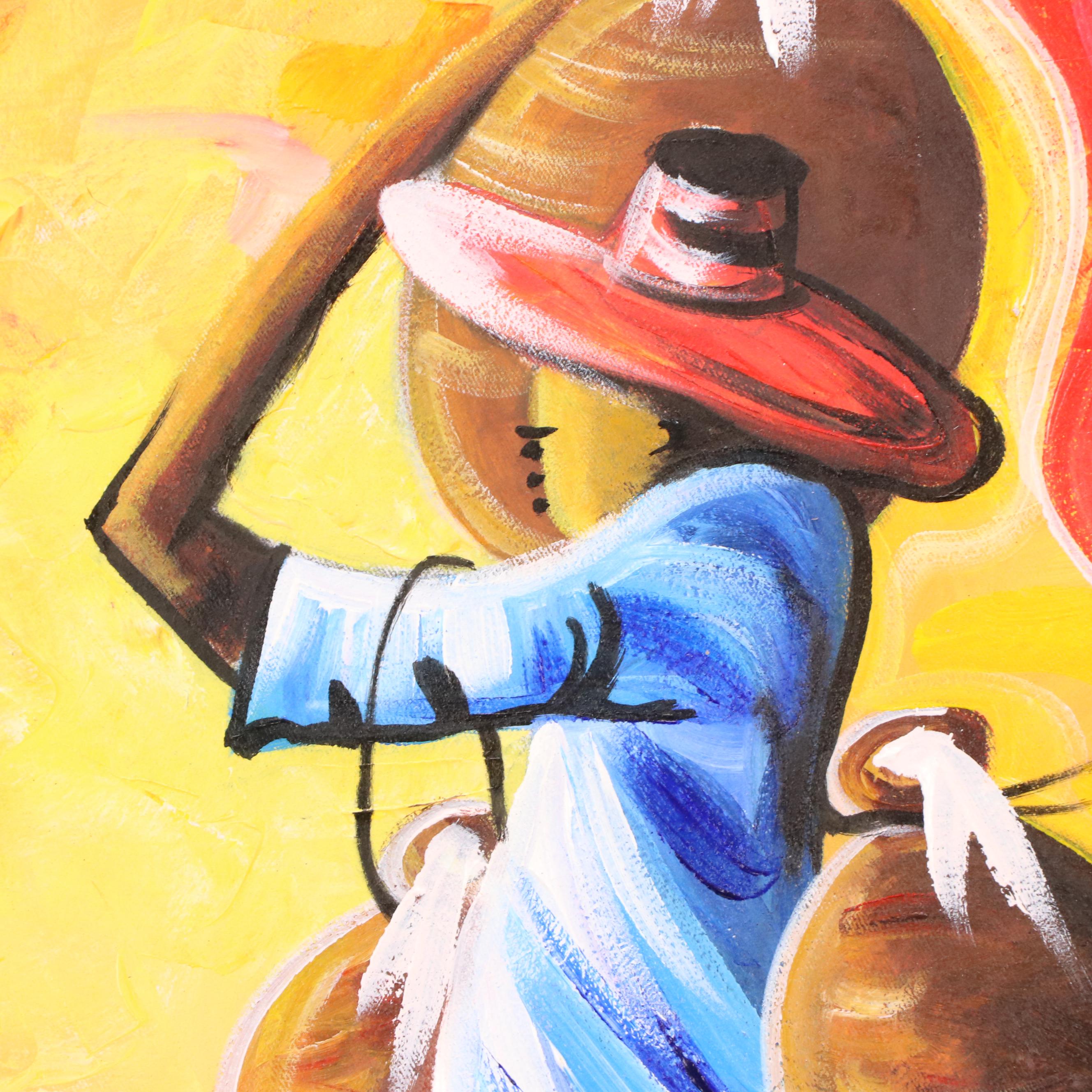 Bayo Ogundele Stylized Figural Oil Painting "Palm-Wine Seller," 2024 | EBTH