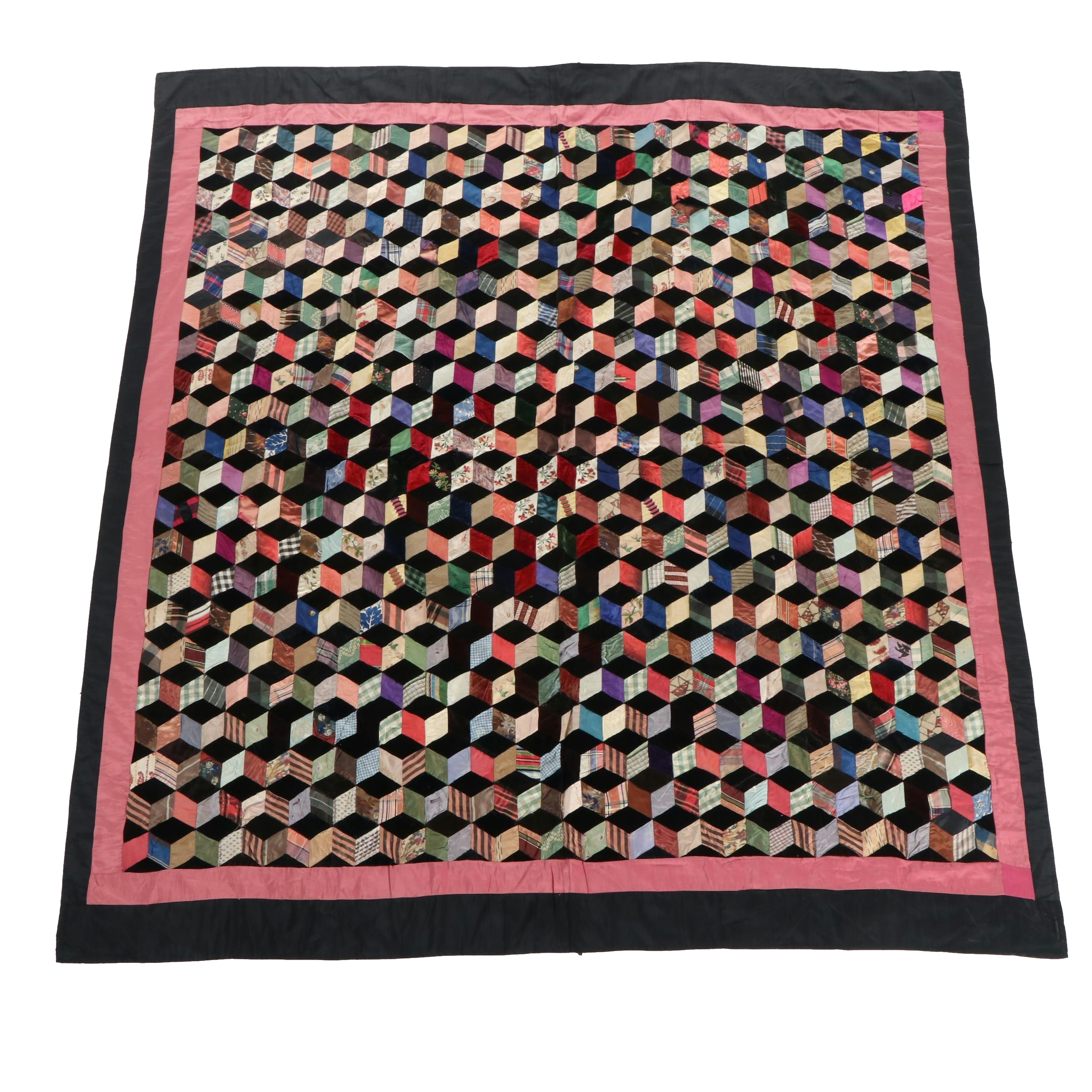 Handmade Velvet, Brocade and Satin Tumbling Blocks Quilt | EBTH