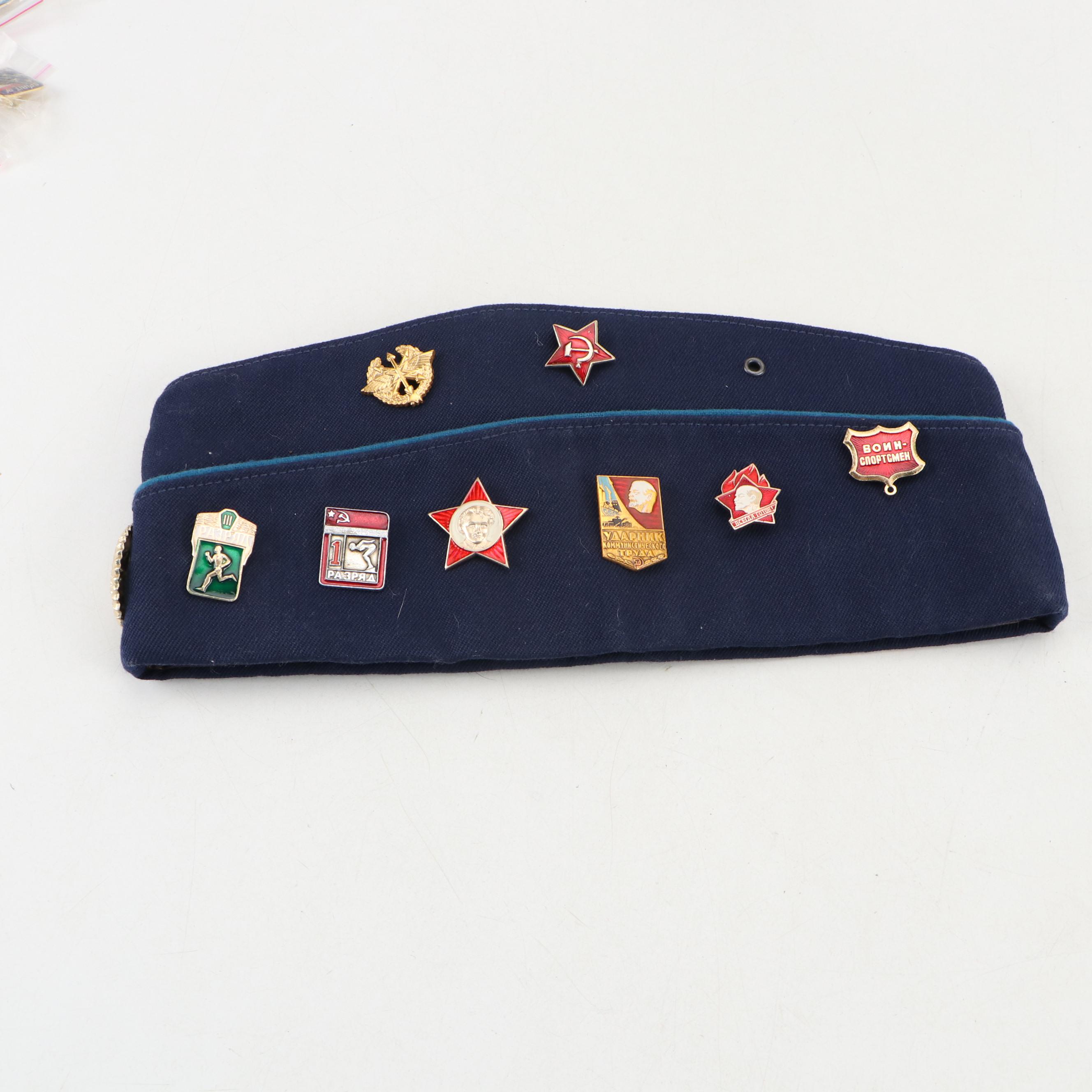 USSR Garrison Cap with Badges and Pinbacks, Late 20th Century | EBTH