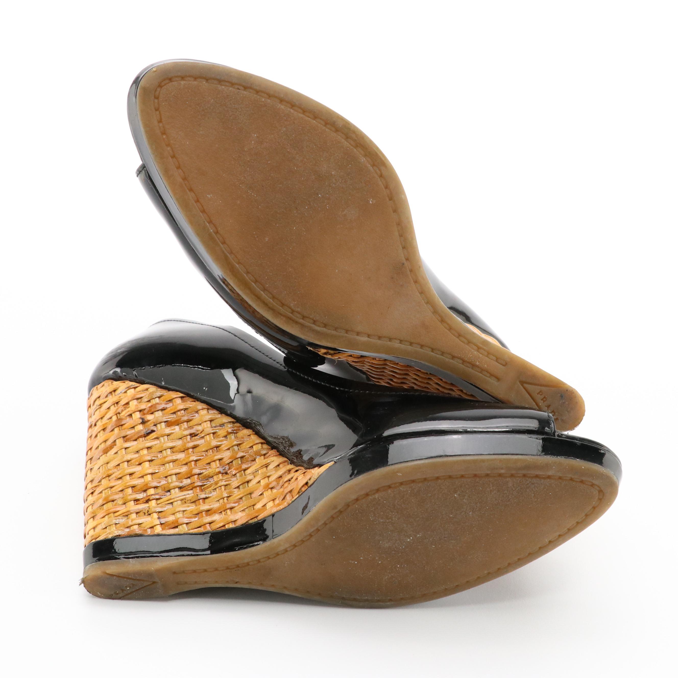 Prada Wicker Woven Peep-Toe Wedges in Black Patent Leather, with Box | EBTH
