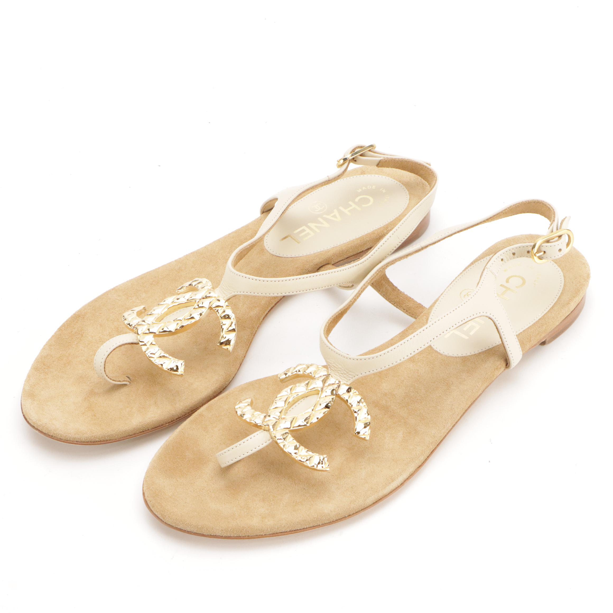 Chanel CC Logo Entre Doigts Sandals in Beige Leather | EBTH