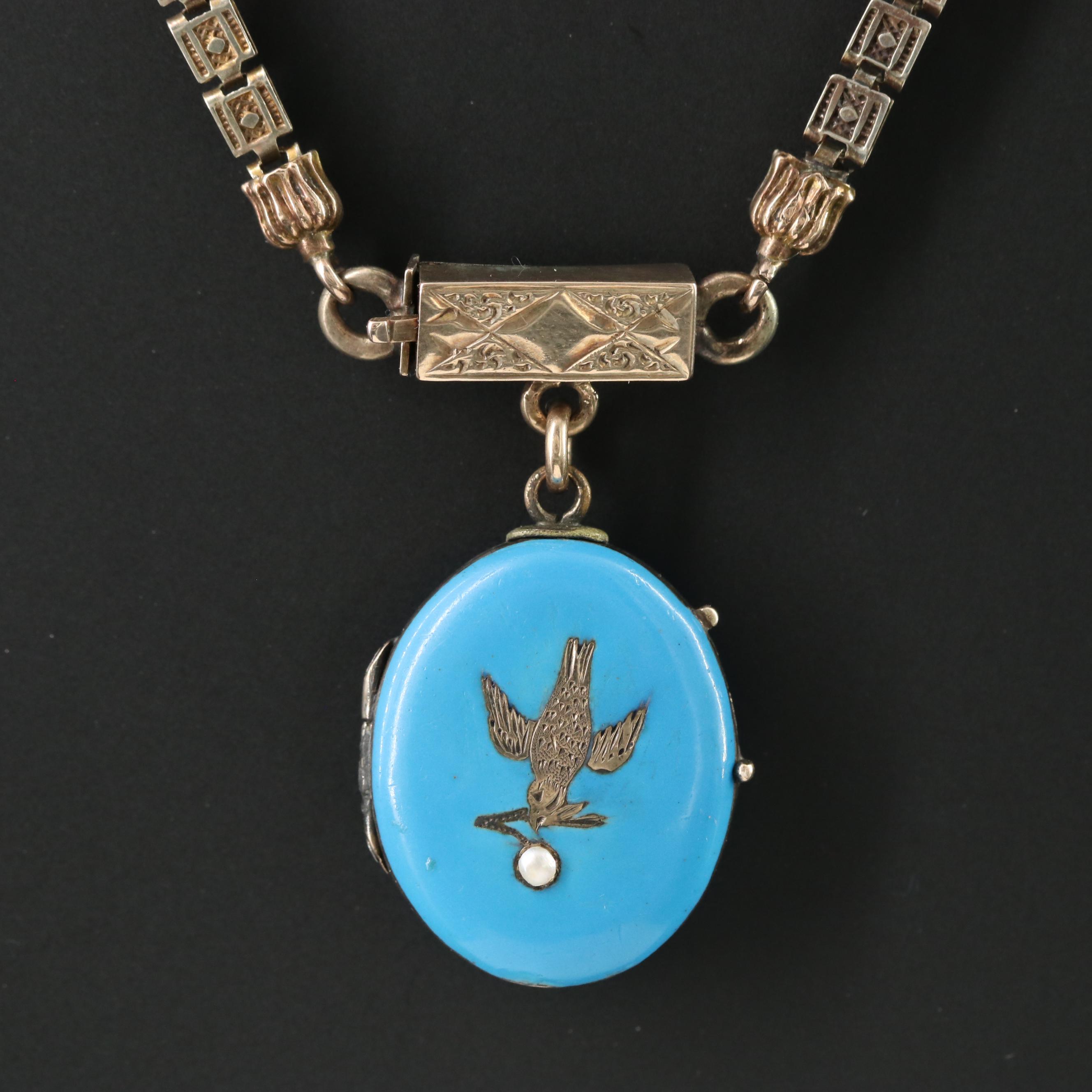 Victorian Book Chain Enamel and Seed Pearl Swallow Locket Necklace | EBTH