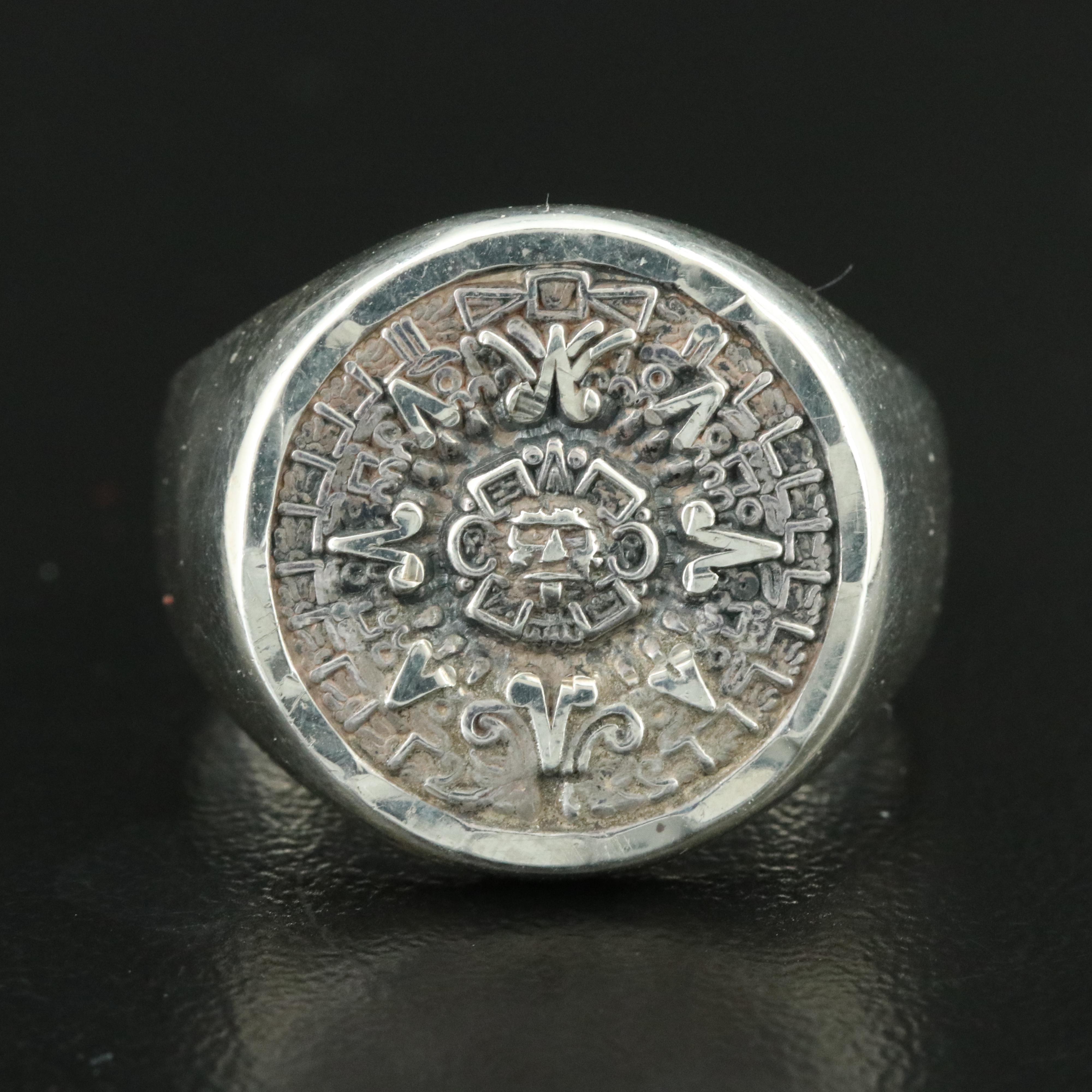 Sterling Aztec Mayan Calendar Signet Ring | EBTH