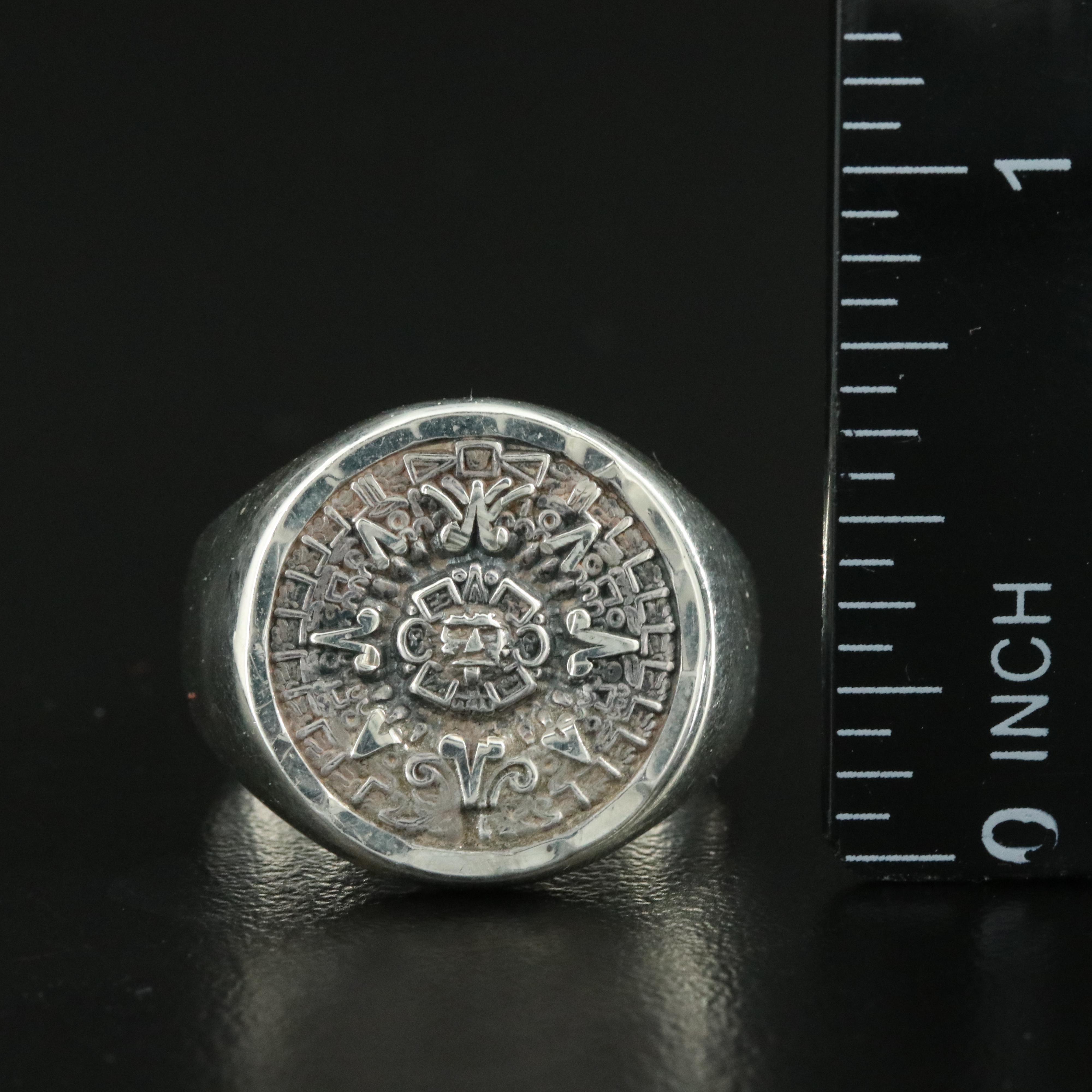 Sterling Aztec Mayan Calendar Signet Ring | EBTH