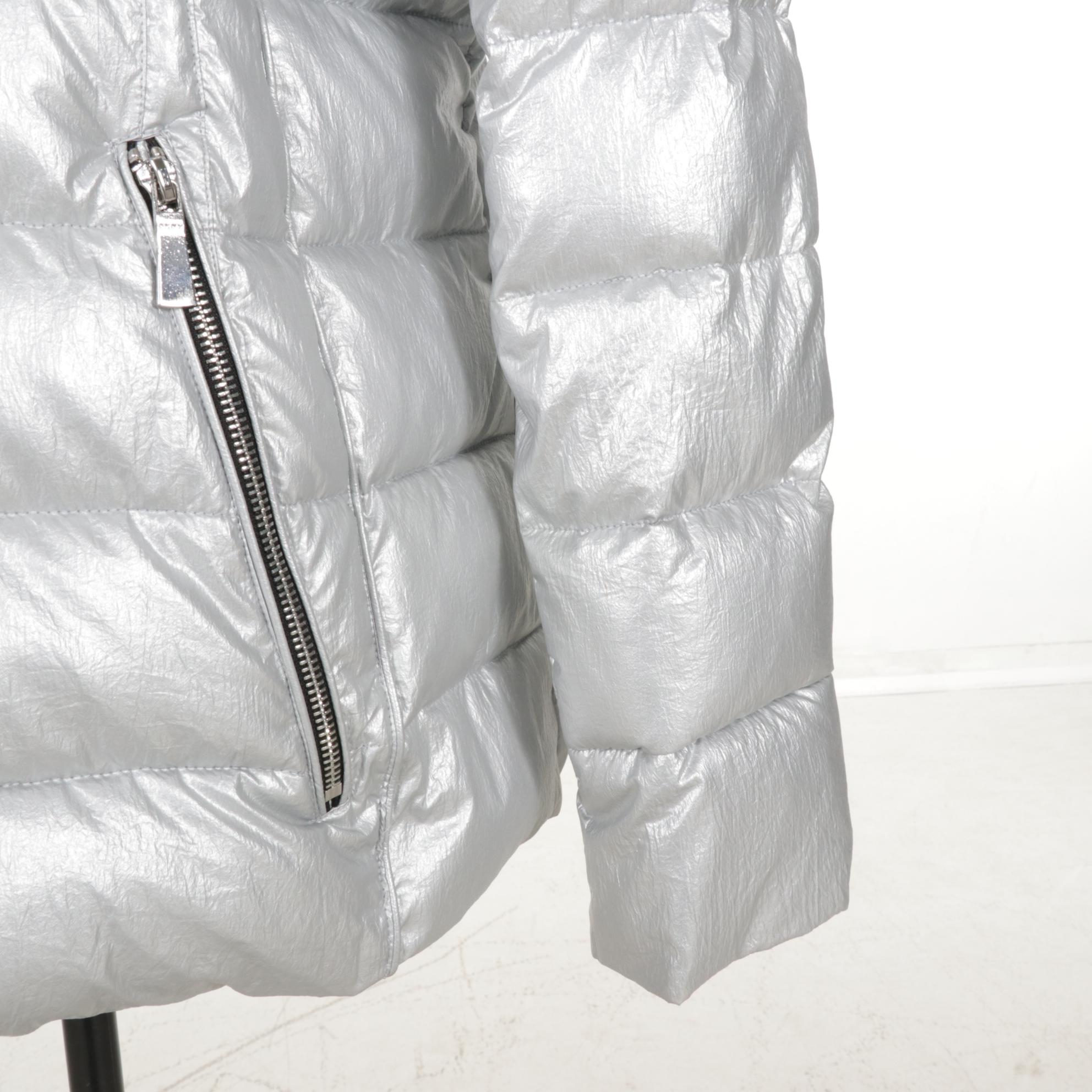 DKNY Metallic Silver Puffer Coat with Detachable Hood, XL | EBTH