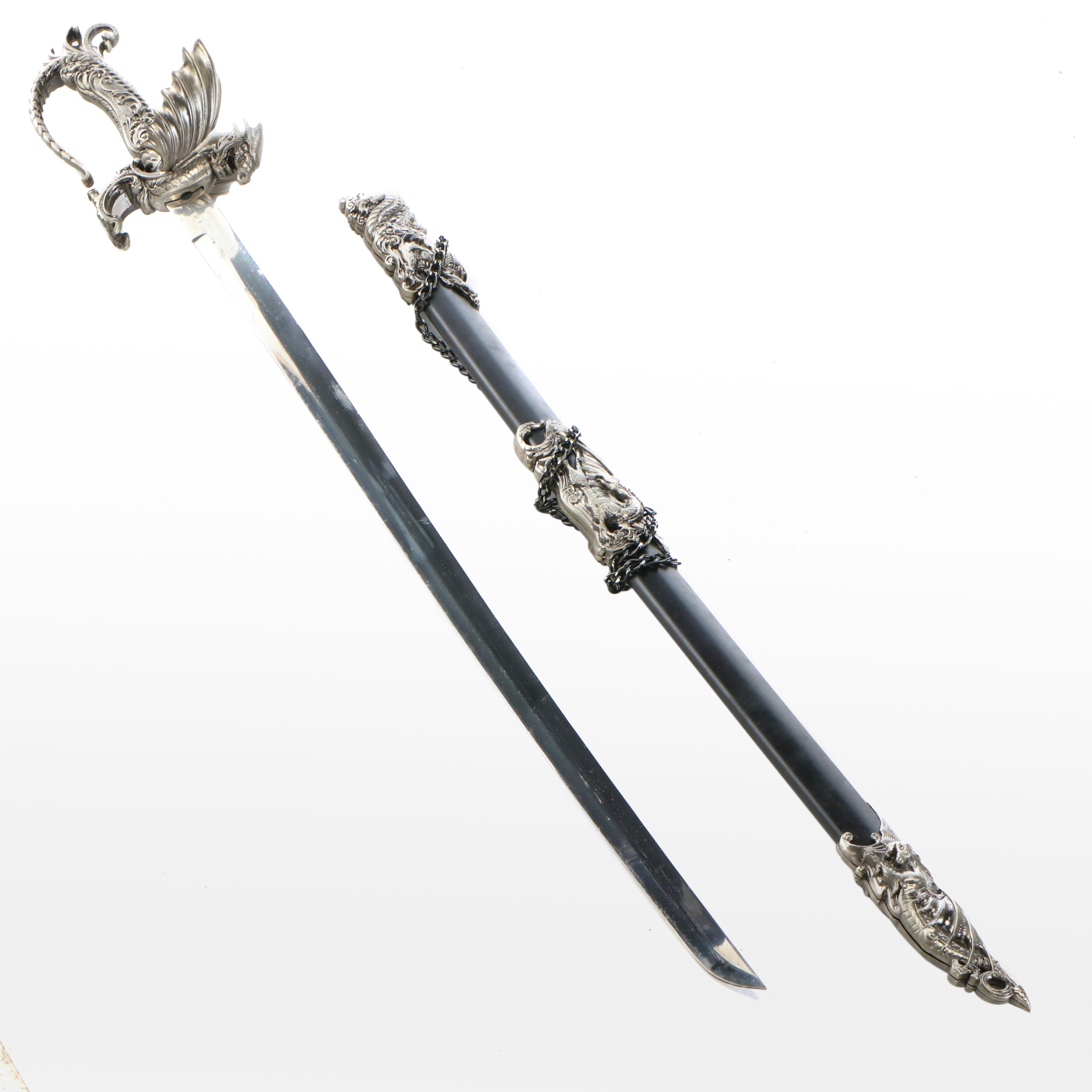 Dragon Motif Stainless Steel Fantasy Sword and Scabbard | EBTH