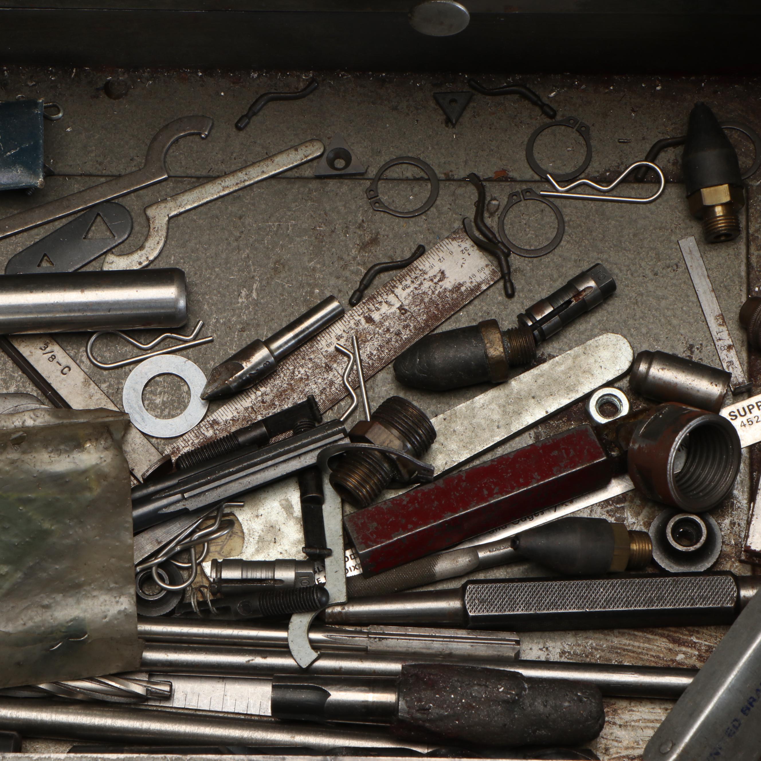 Tool Box with Clamps, Calipers, Drill Bits, Drum Auger and More Tools ...