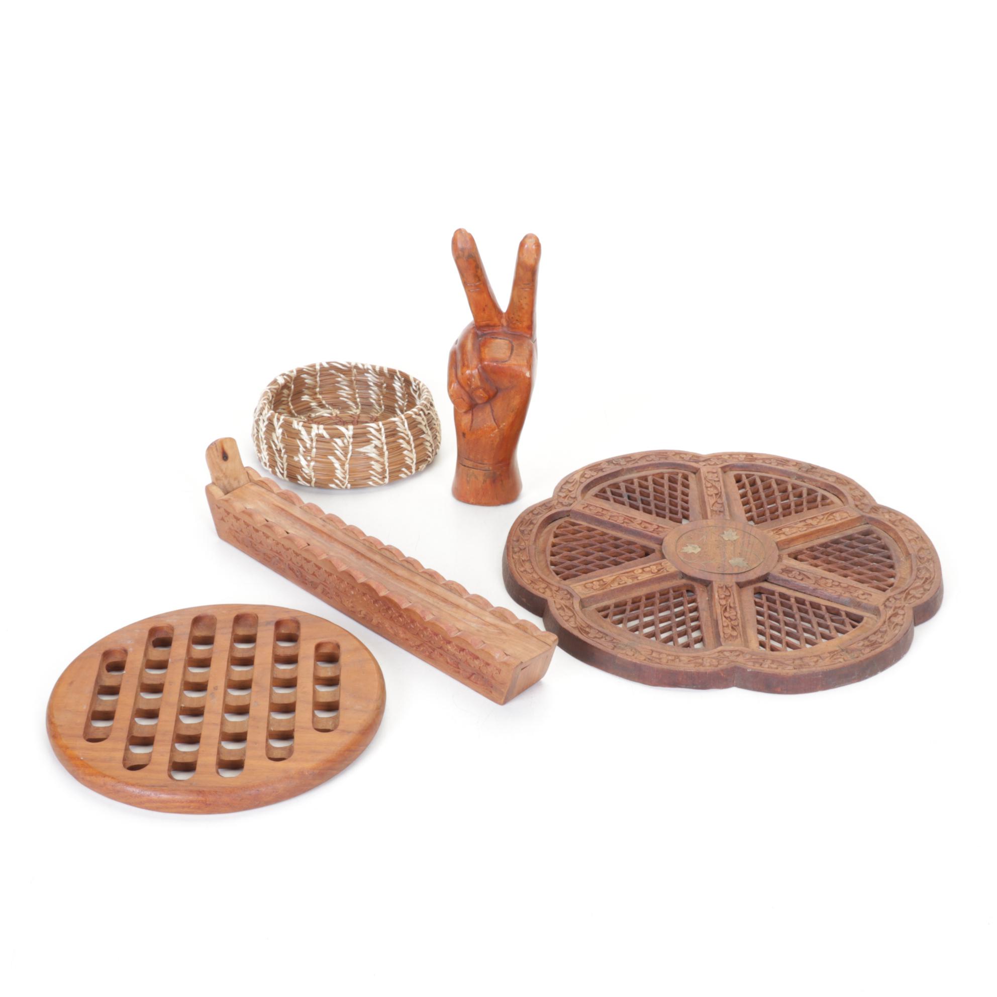 Indian Carved Wood Trivet and Incense Box with Other Wood Items and ...