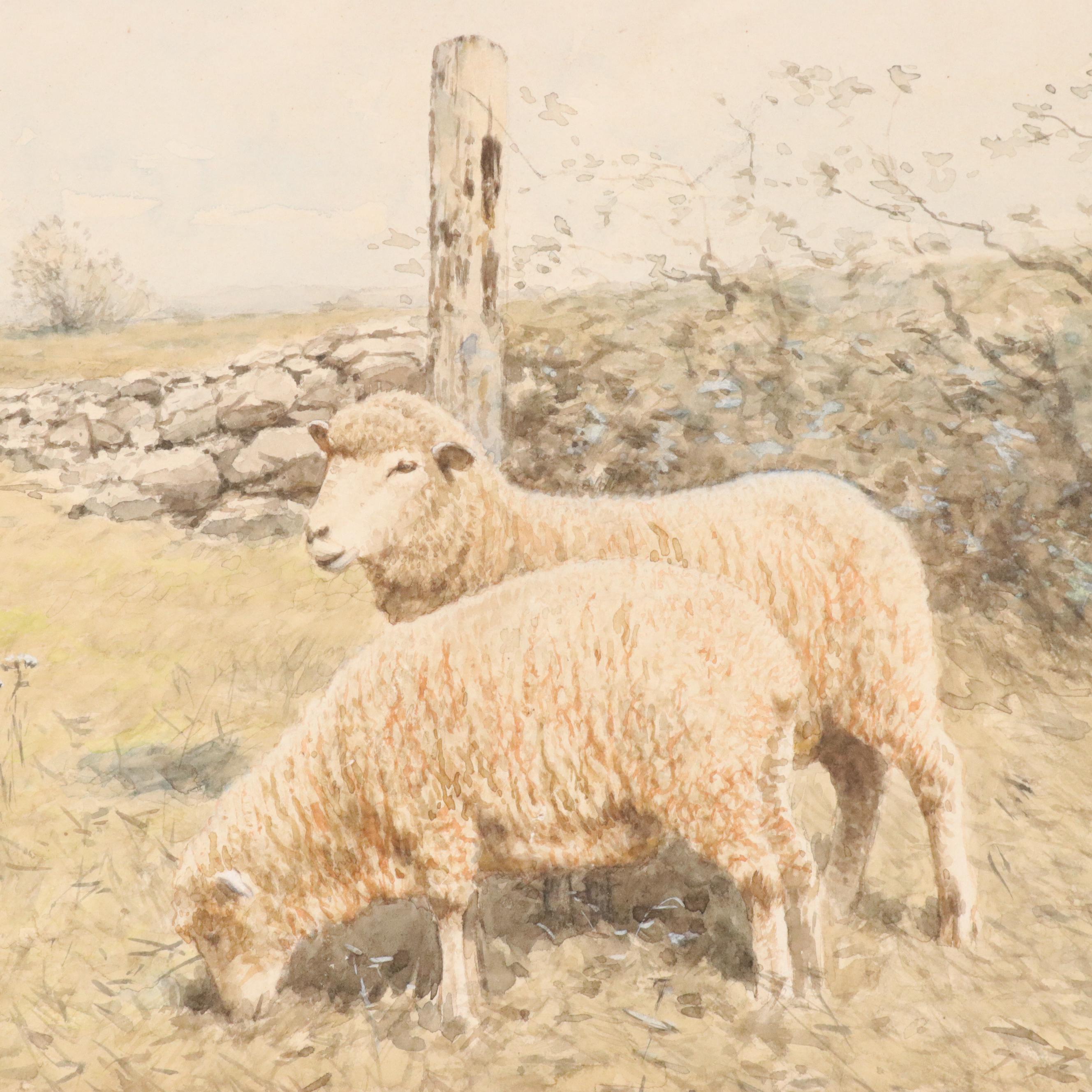 William Rowell Derrick Pastoral Landscape With Sheep Watercolor Painting | EBTH