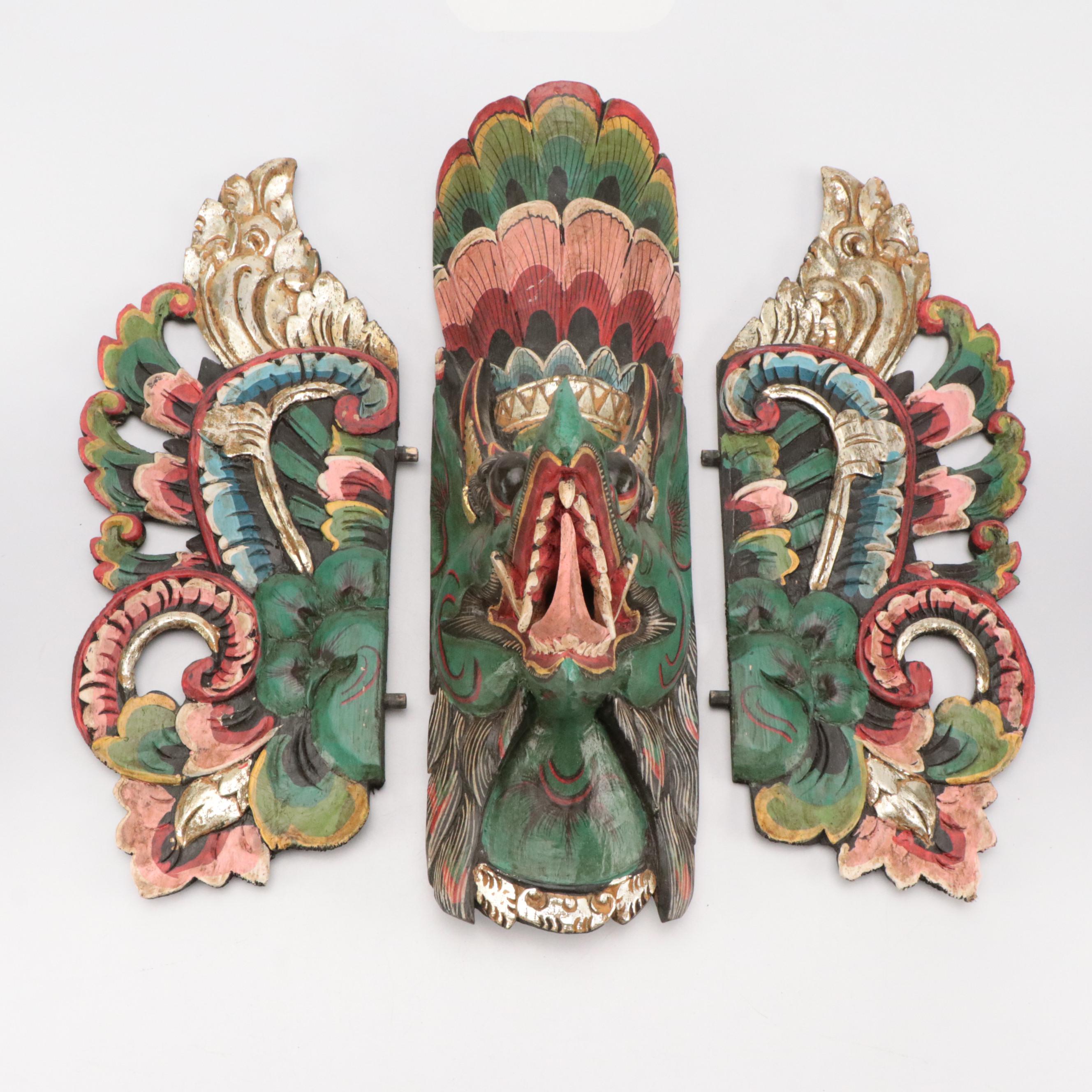 Balinese Painted Wood Paksi Festival Mask With Detachable Wings | EBTH