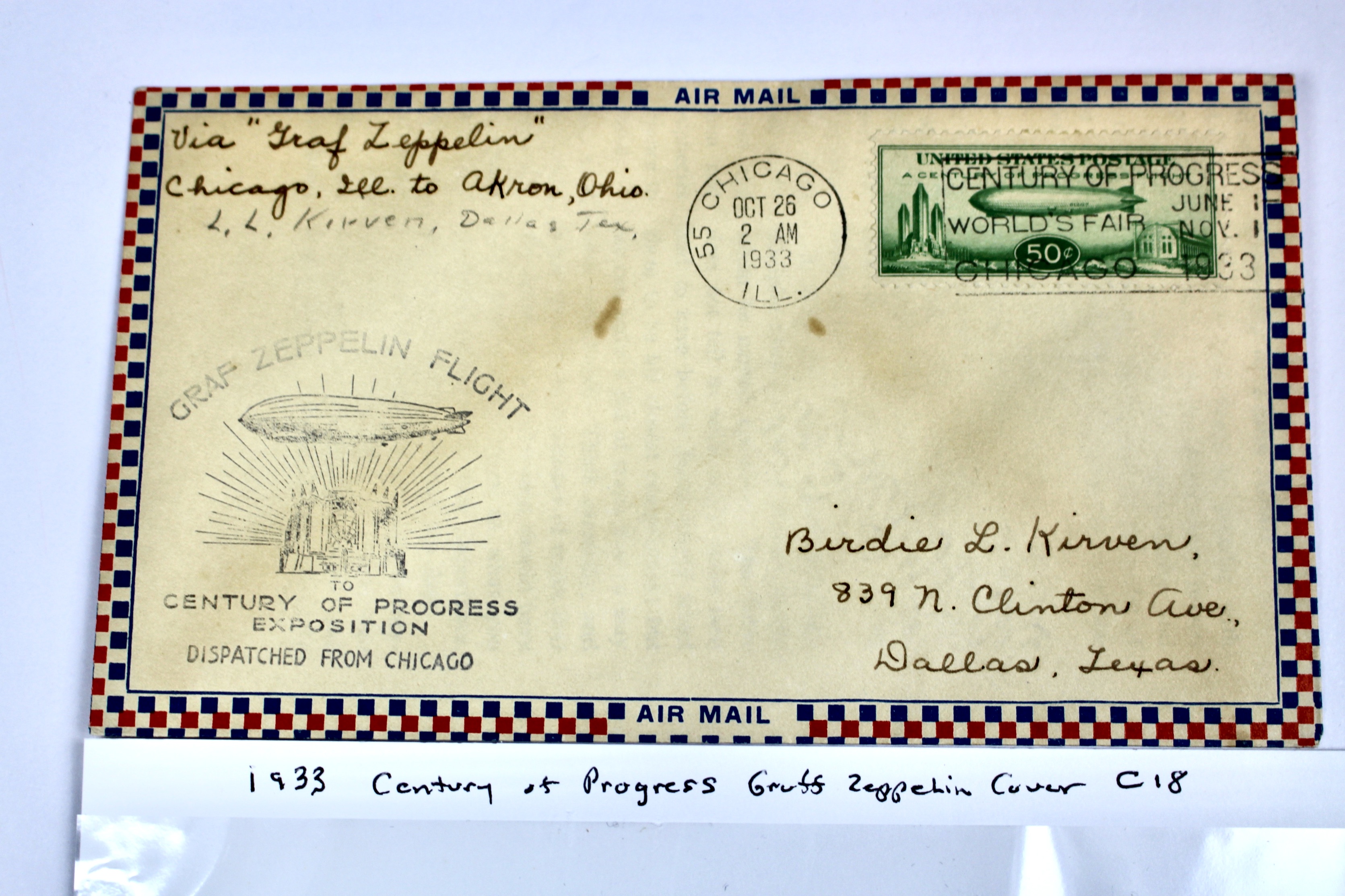 1933 Century of Progress Graf Zeppelin Postal Cover, Including Airmail ...