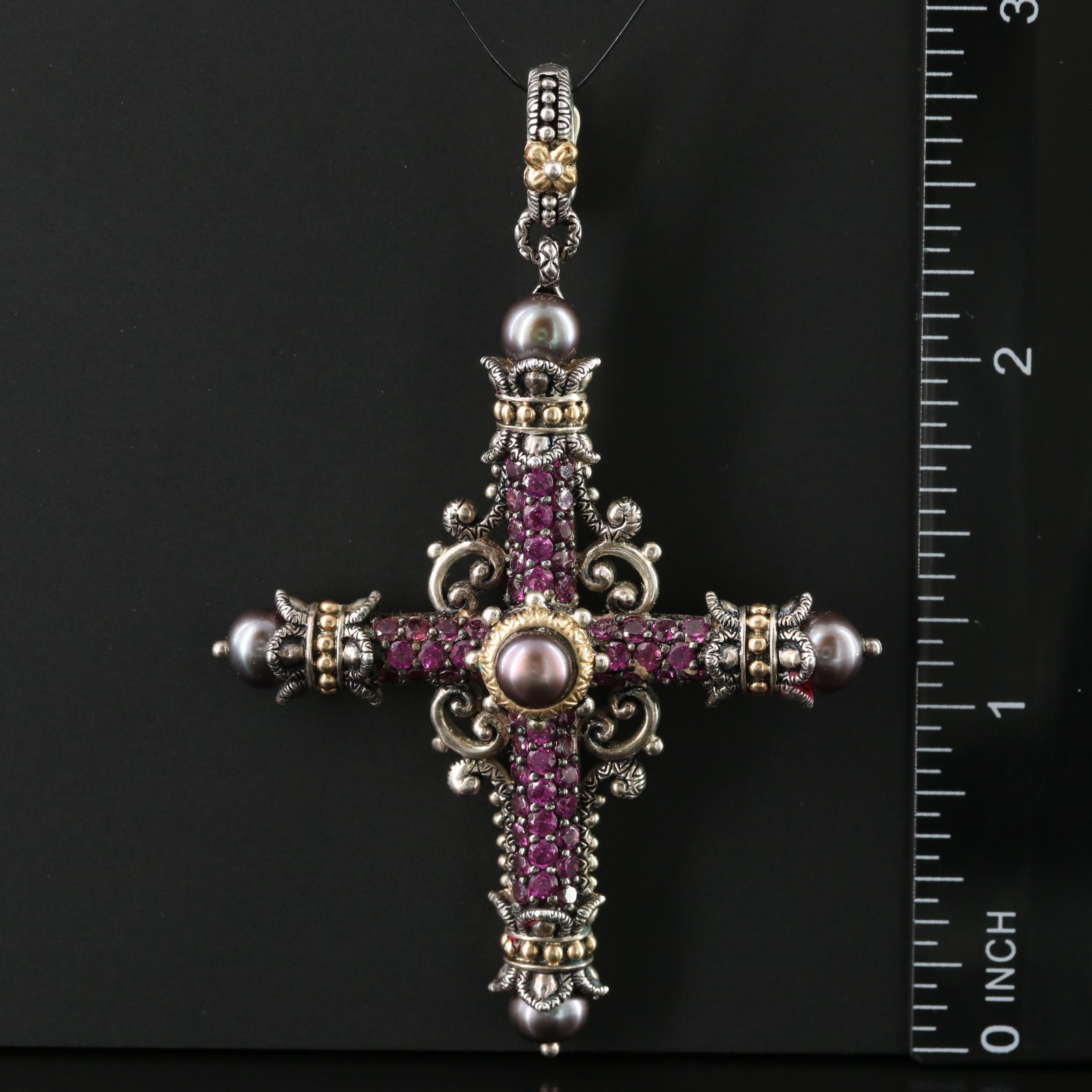 Barbara Bixby Sterling Garnet and Pearl Enhancer Cross Pendant with 18K ...
