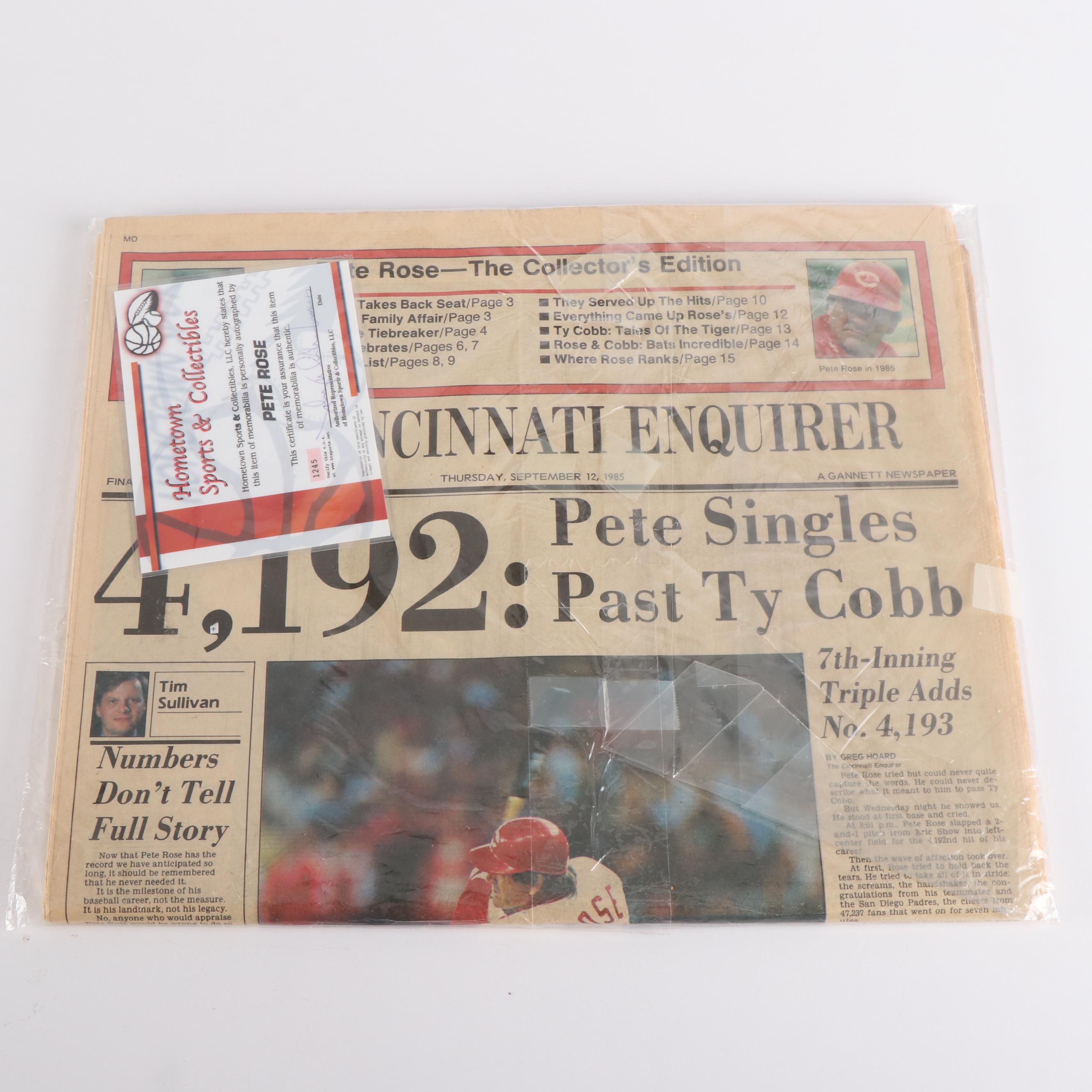 Pete Rose Signed Newspaper Featuring Record Breaking Hit with More | EBTH