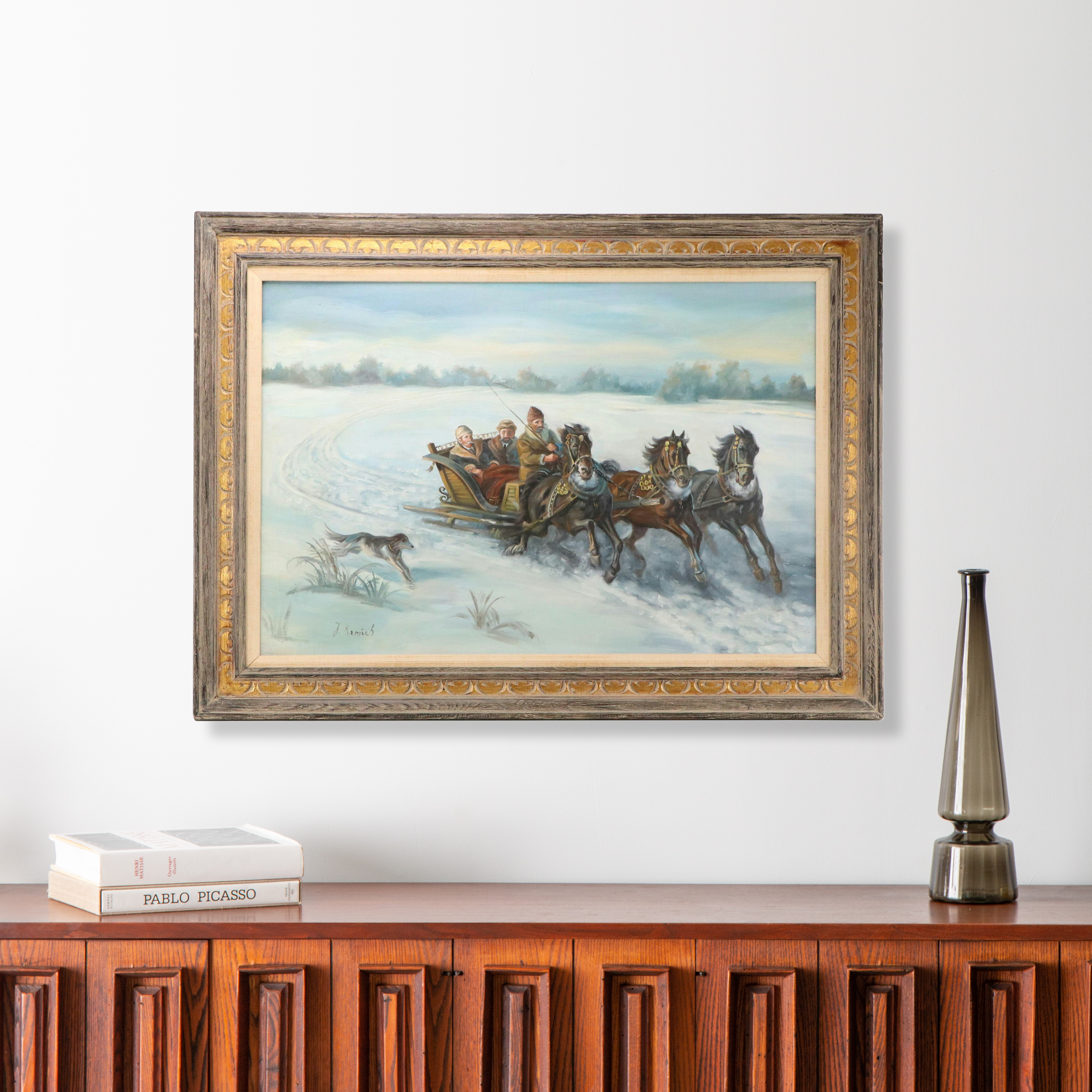 Jaroslav Kamich Wintry Oil Painting with Horse-Drawn Sleigh Ride | EBTH