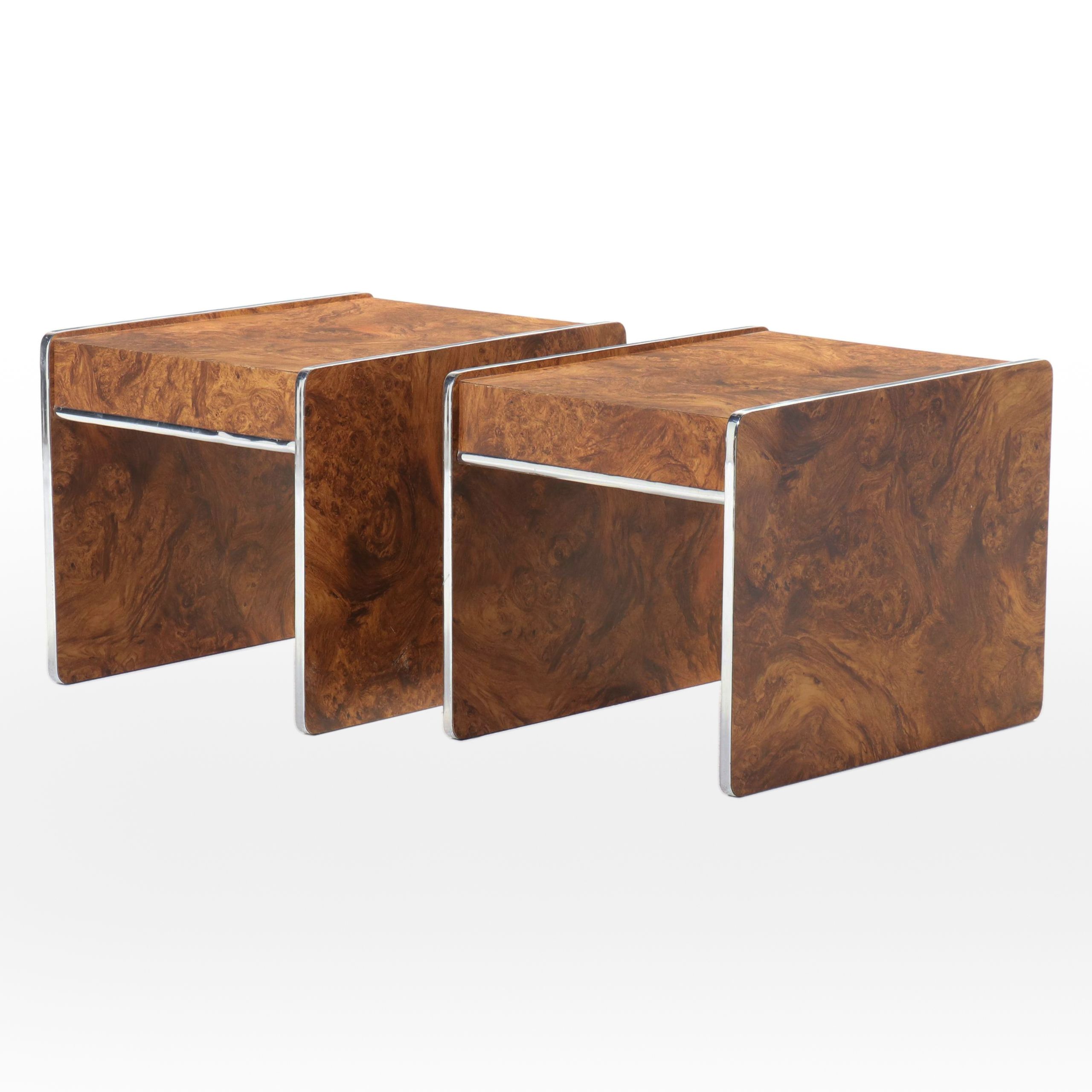 Pair of Modernist Burlwood-Grained Laminate and Simulated Chrome Side ...