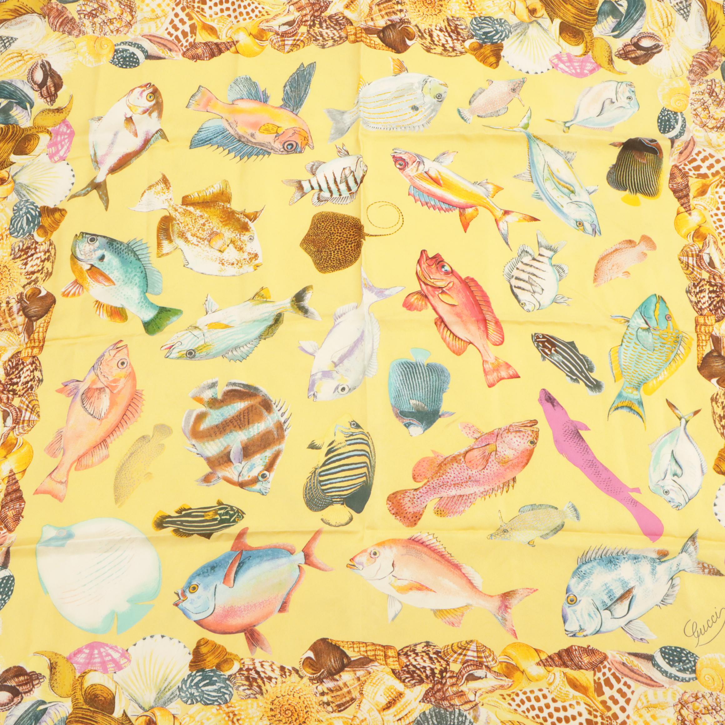 Gucci Fish and Shell Print Scarf 90 in Silk Twill | EBTH