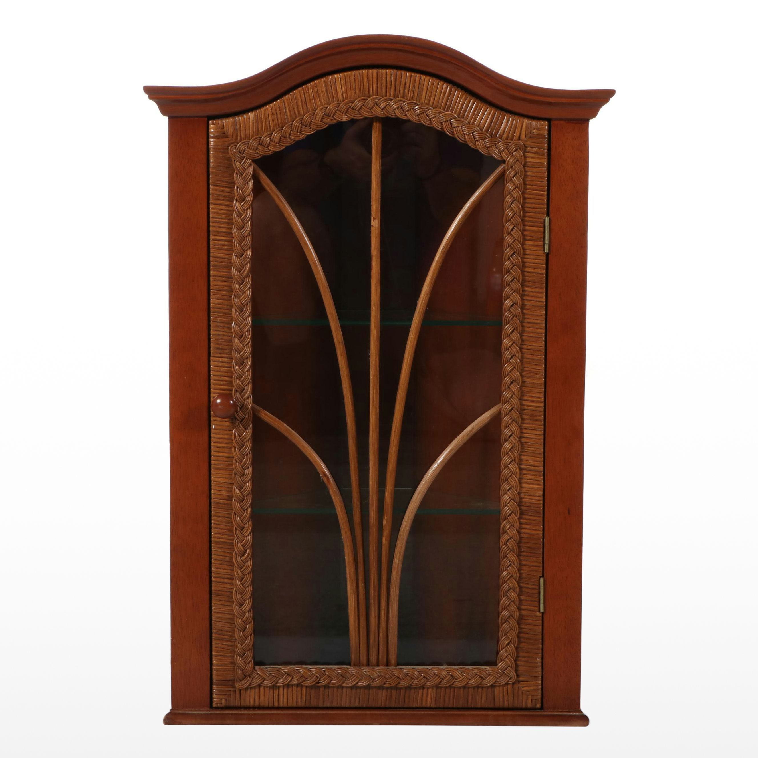 Wicker and Mahogany Stained Wood Corner Wall Cabinet | EBTH