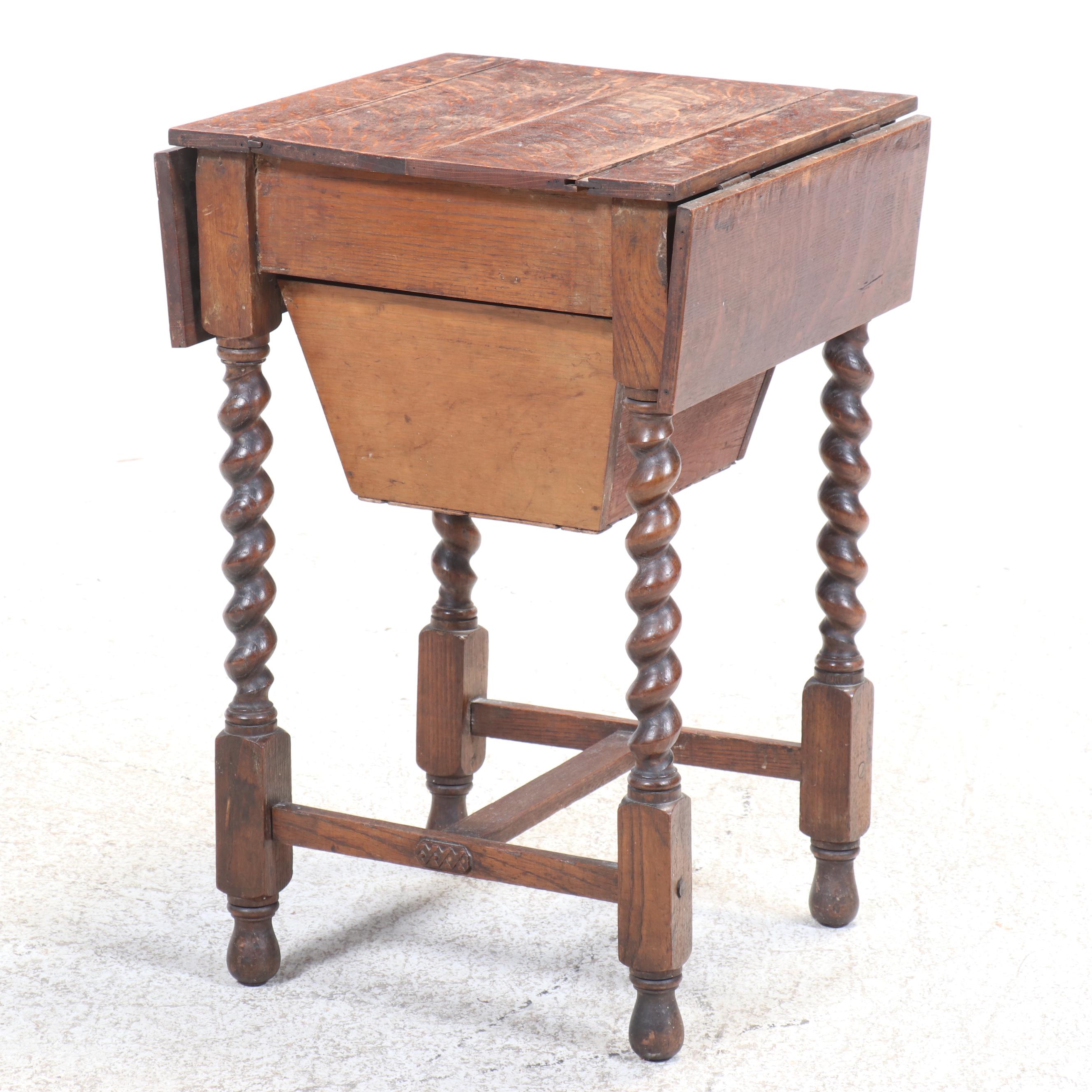 Jacobean Revival Quartersawn Oak Barley Twist Drop-Leaf Sewing Table | EBTH