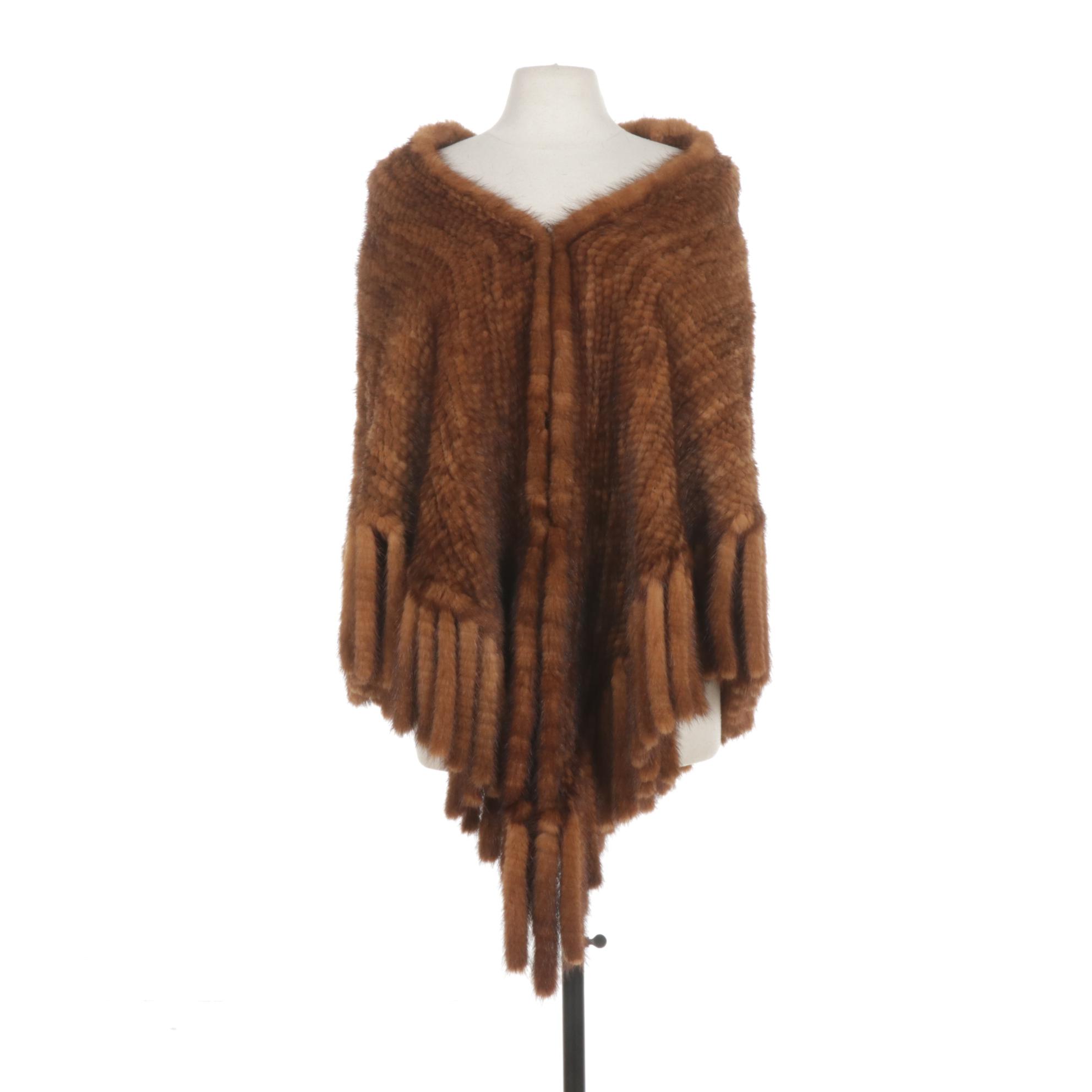 Woven Golden Mink Fur Triangle Shawl Poncho with Tail Fringe Hem | EBTH