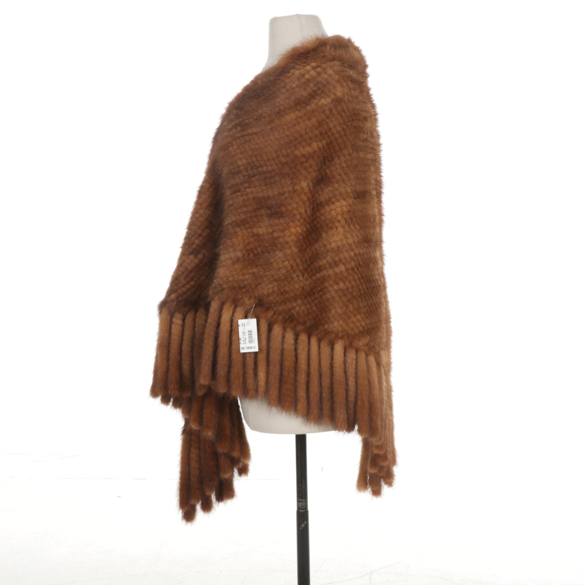 Woven Golden Mink Fur Triangle Shawl Poncho with Tail Fringe Hem | EBTH