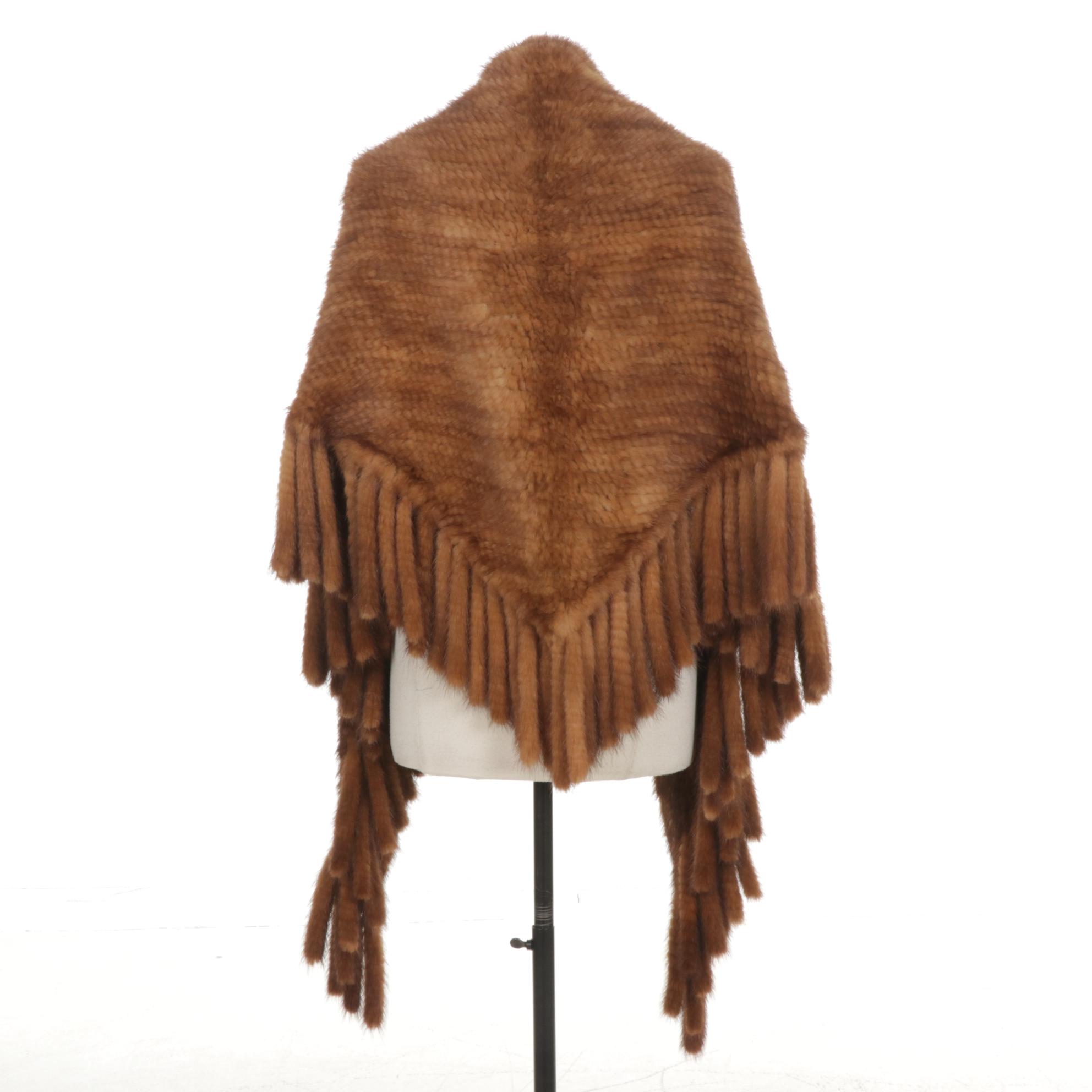 Woven Golden Mink Fur Triangle Shawl Poncho with Tail Fringe Hem | EBTH