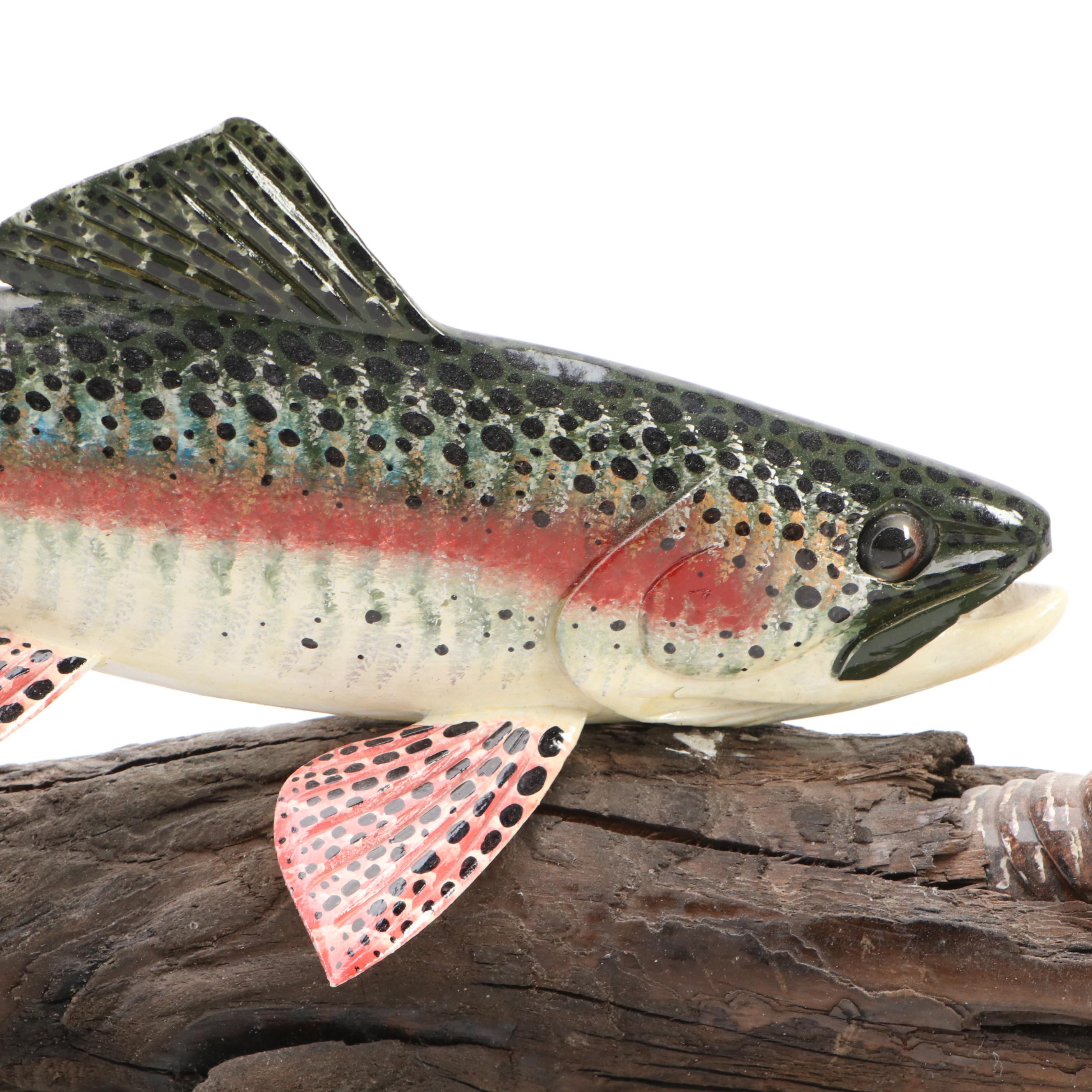 Carl Christensen Hand-Painted Rainbow Trout & Crawdad Decoys on Driftwood Log | EBTH