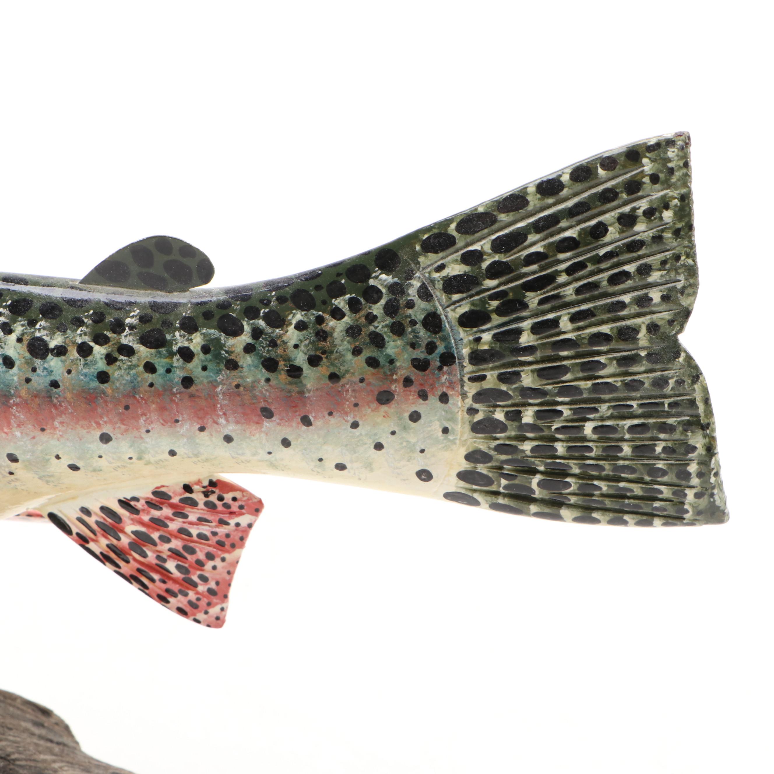 Carl Christensen Hand-Painted Rainbow Trout & Crawdad Decoys on Driftwood Log | EBTH