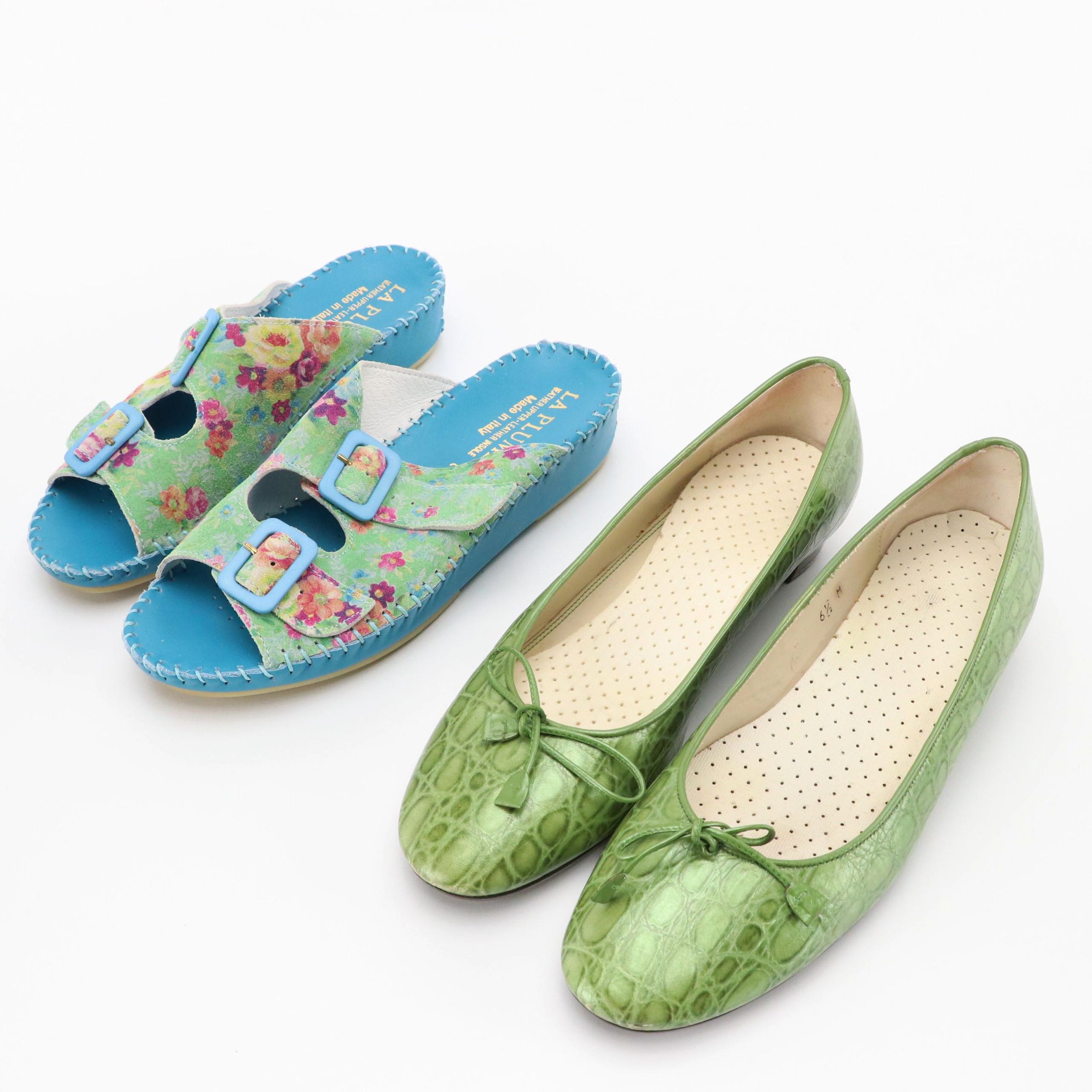 La Plume Floral Jen Slide Sandals and Talbots Green Croc Embossed Flats ...