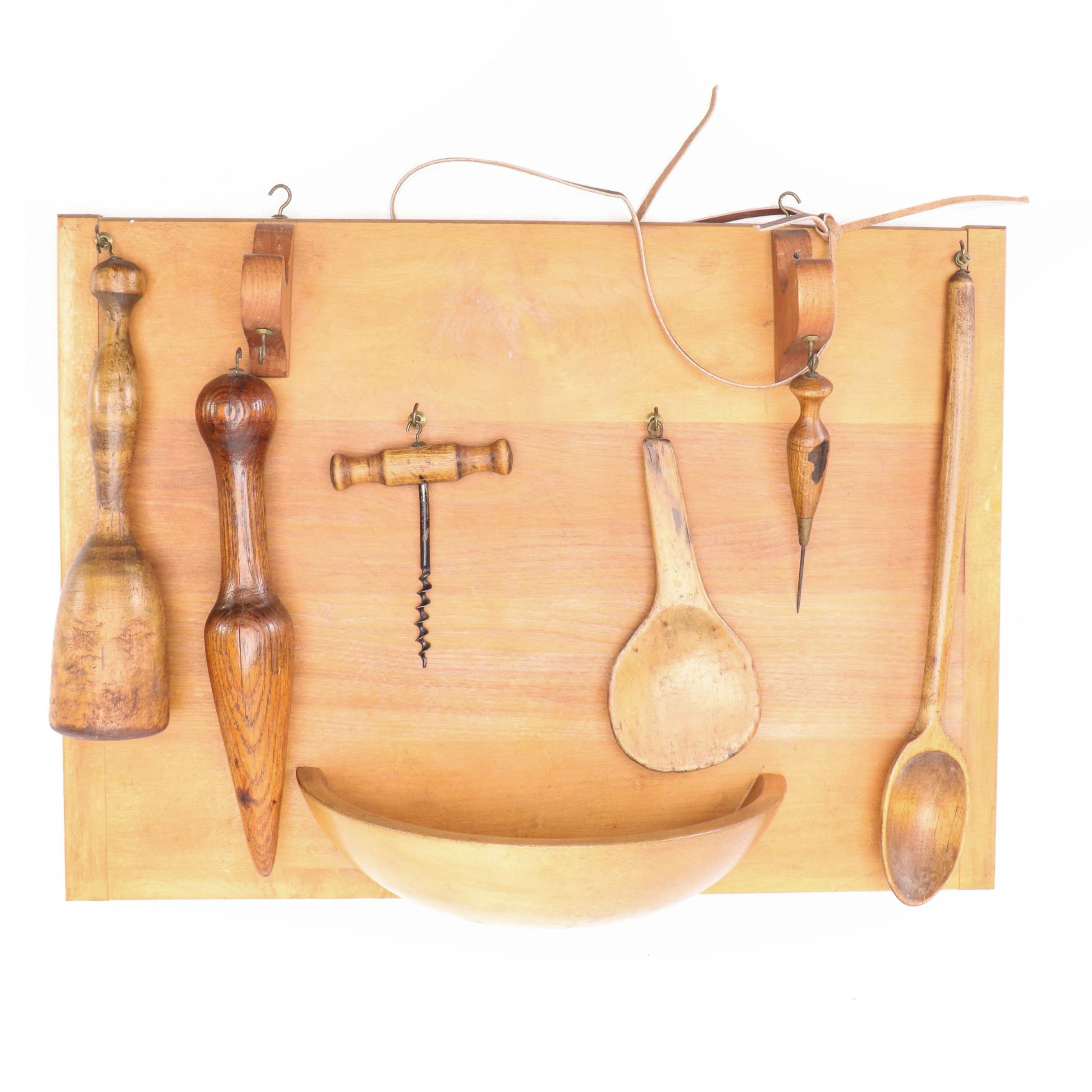 Primitive Wooden Wall Hanging Kitchen Tool Rack with Tools | EBTH