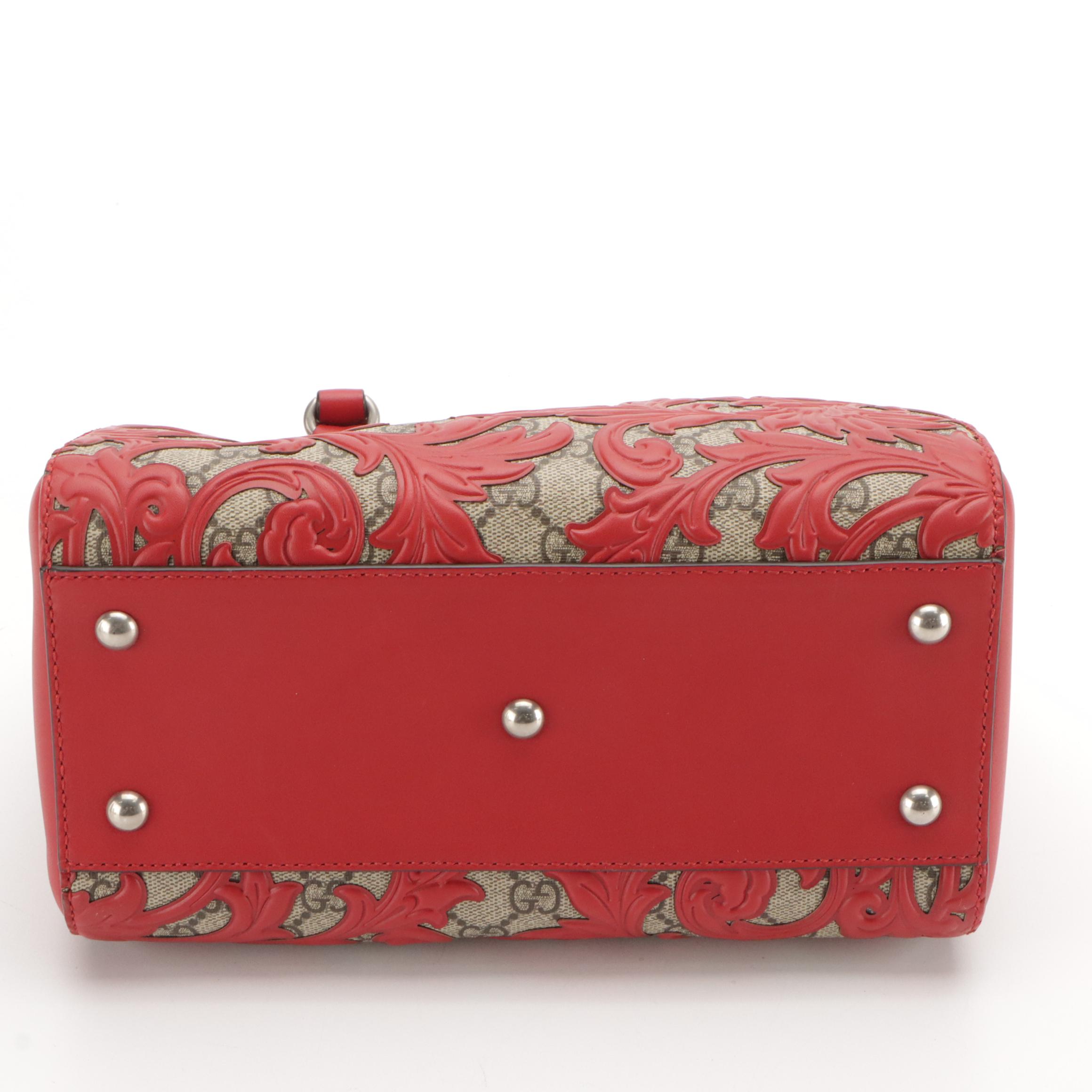Gucci Two-Way Boston Bag in Red Arabesque GG Supreme Canvas and Leather ...