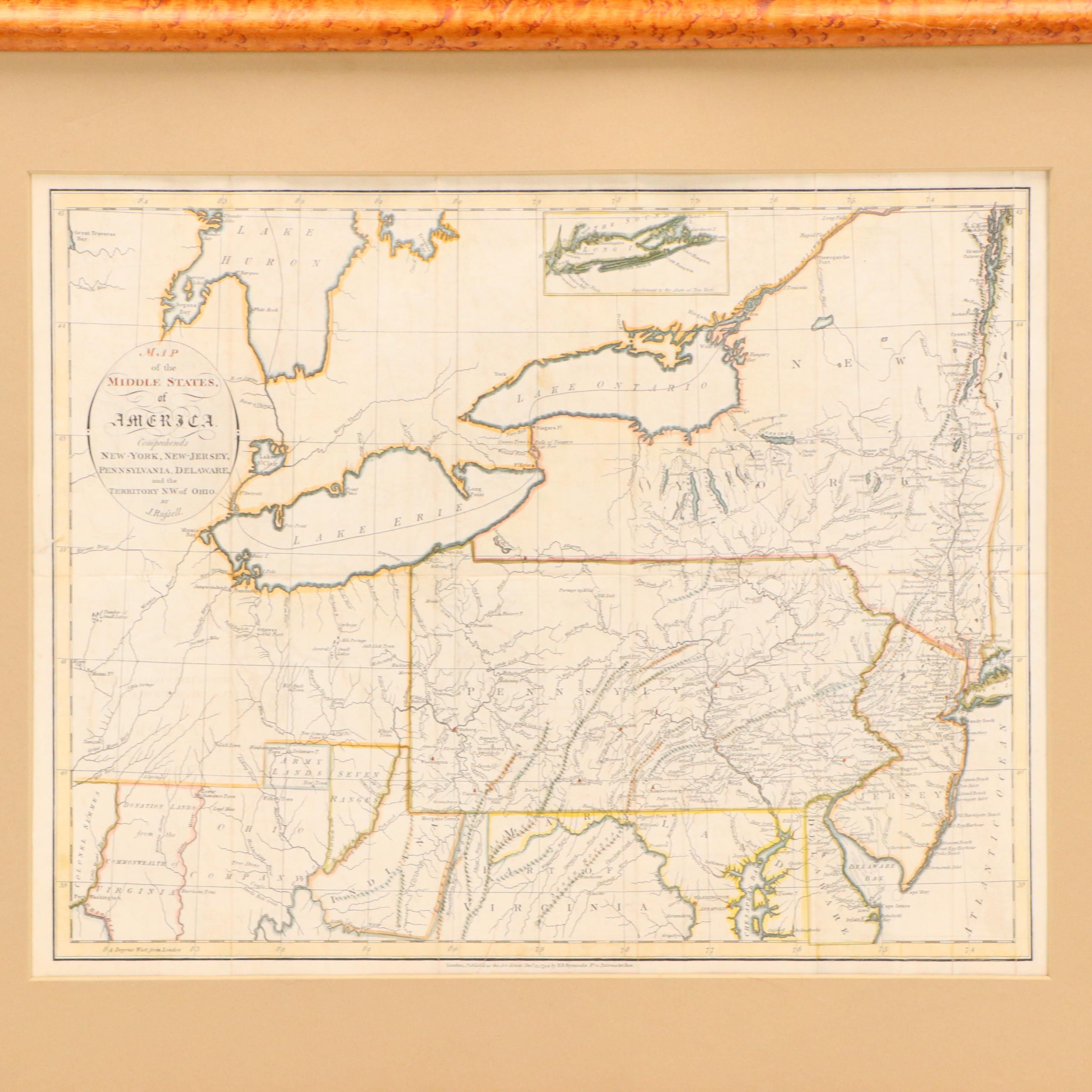 John Russell Hand-Colored Engraving "Map of the Middle States of ...