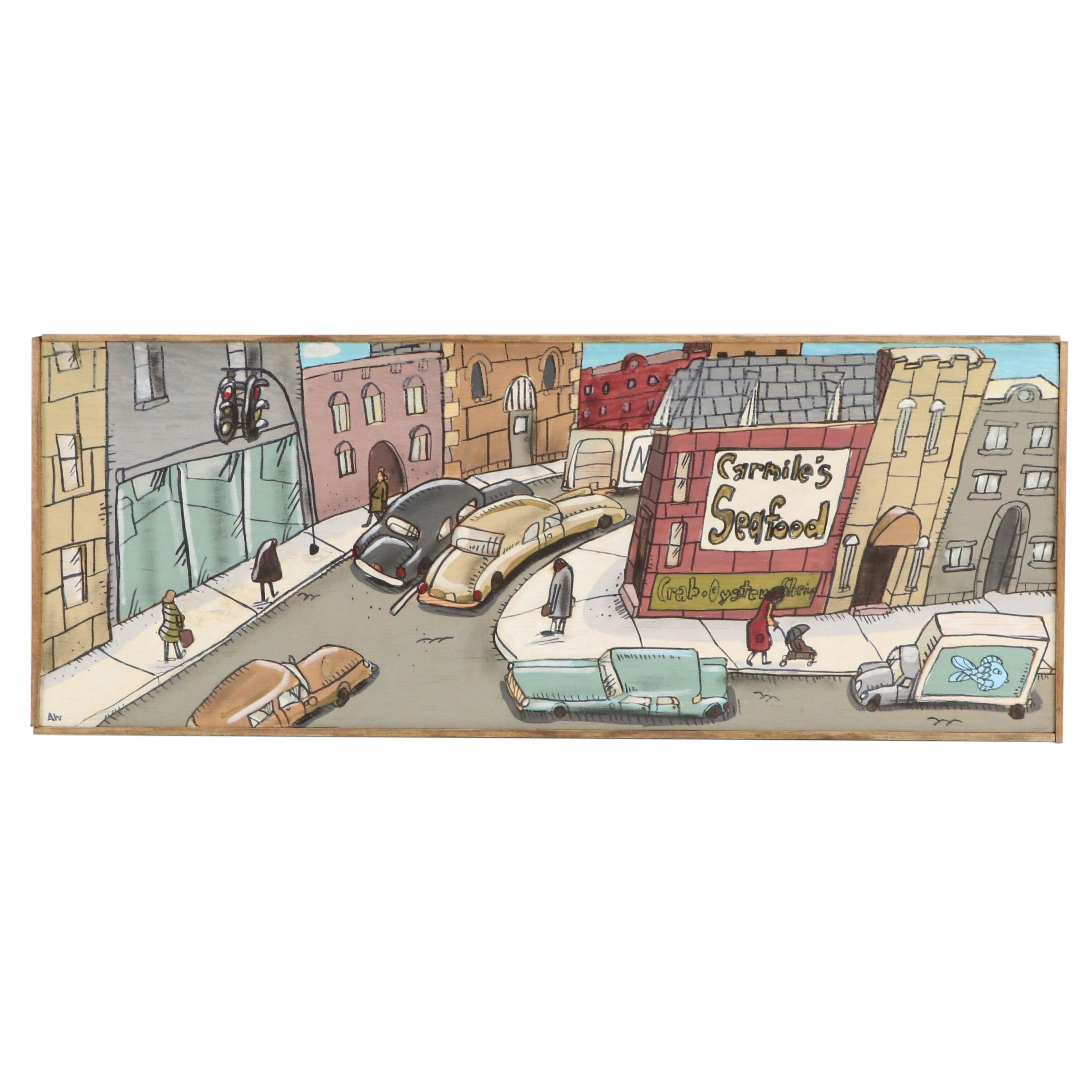Aaron Wooten Stylized Cityscape Acrylic Painting "Carmile's Seafood ...